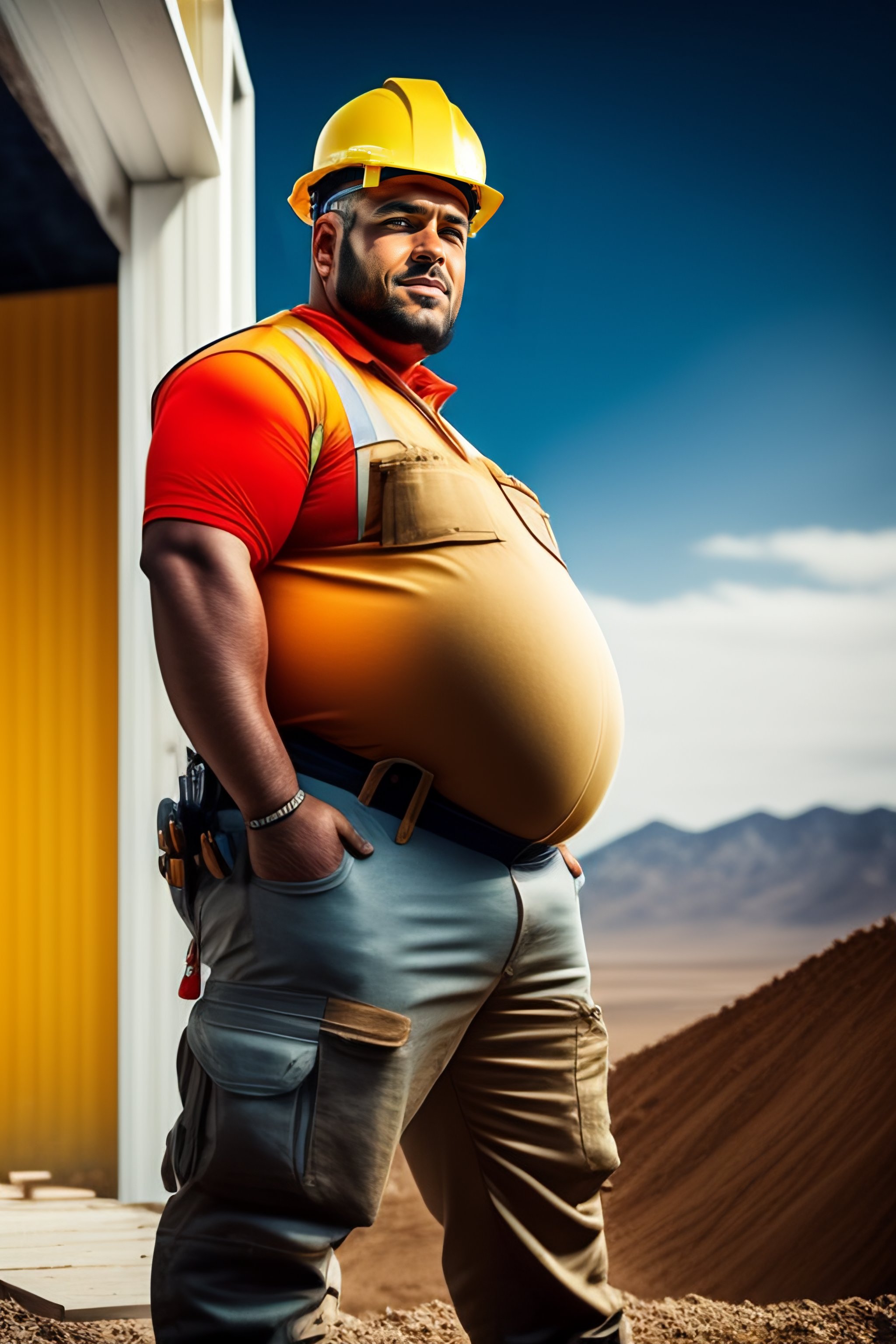 Lexica - A construction worker, with a large round belly, amateur photo