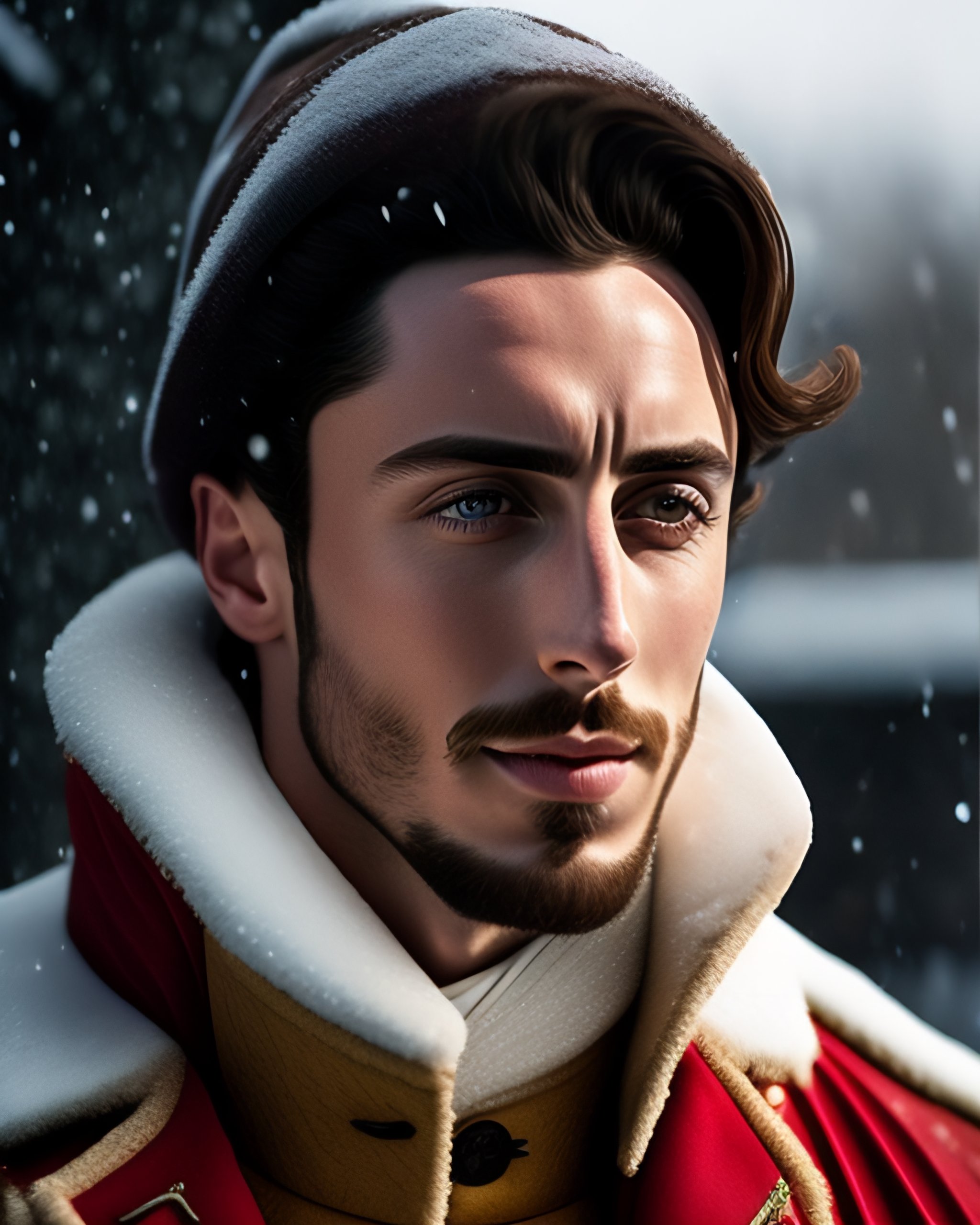 Lexica - Aaron Taylor-Johnson as Georges Duroy under a snowfall