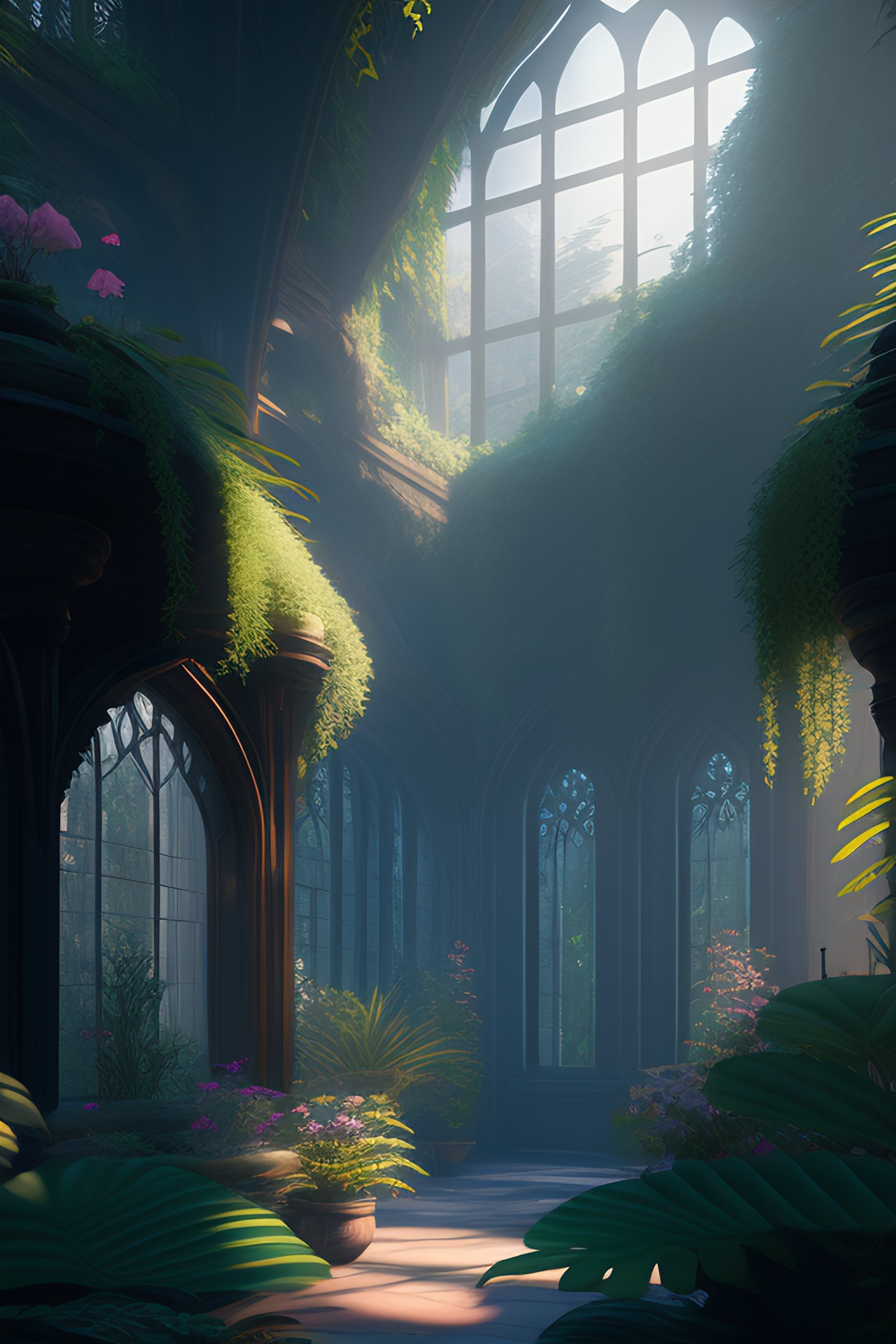 Lexica - Interior an old greenhouse overgrown with orchids, gothic ...