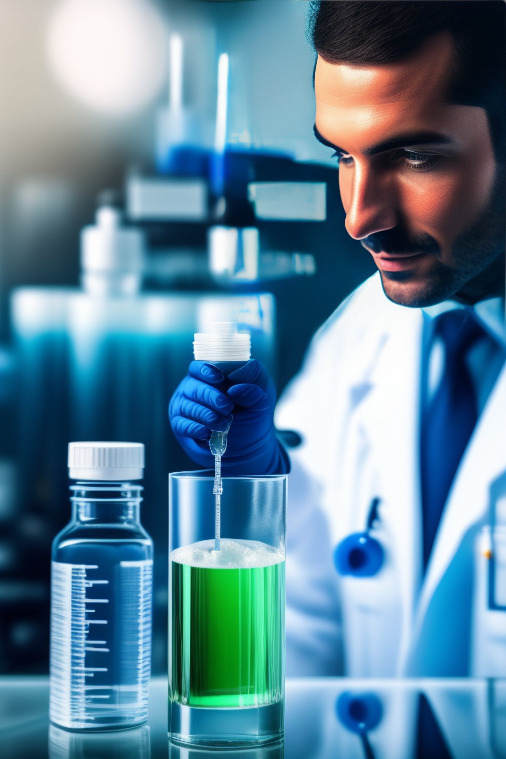 Lexica - A picture of a white 40 year old scientist in a dark blue lab ...