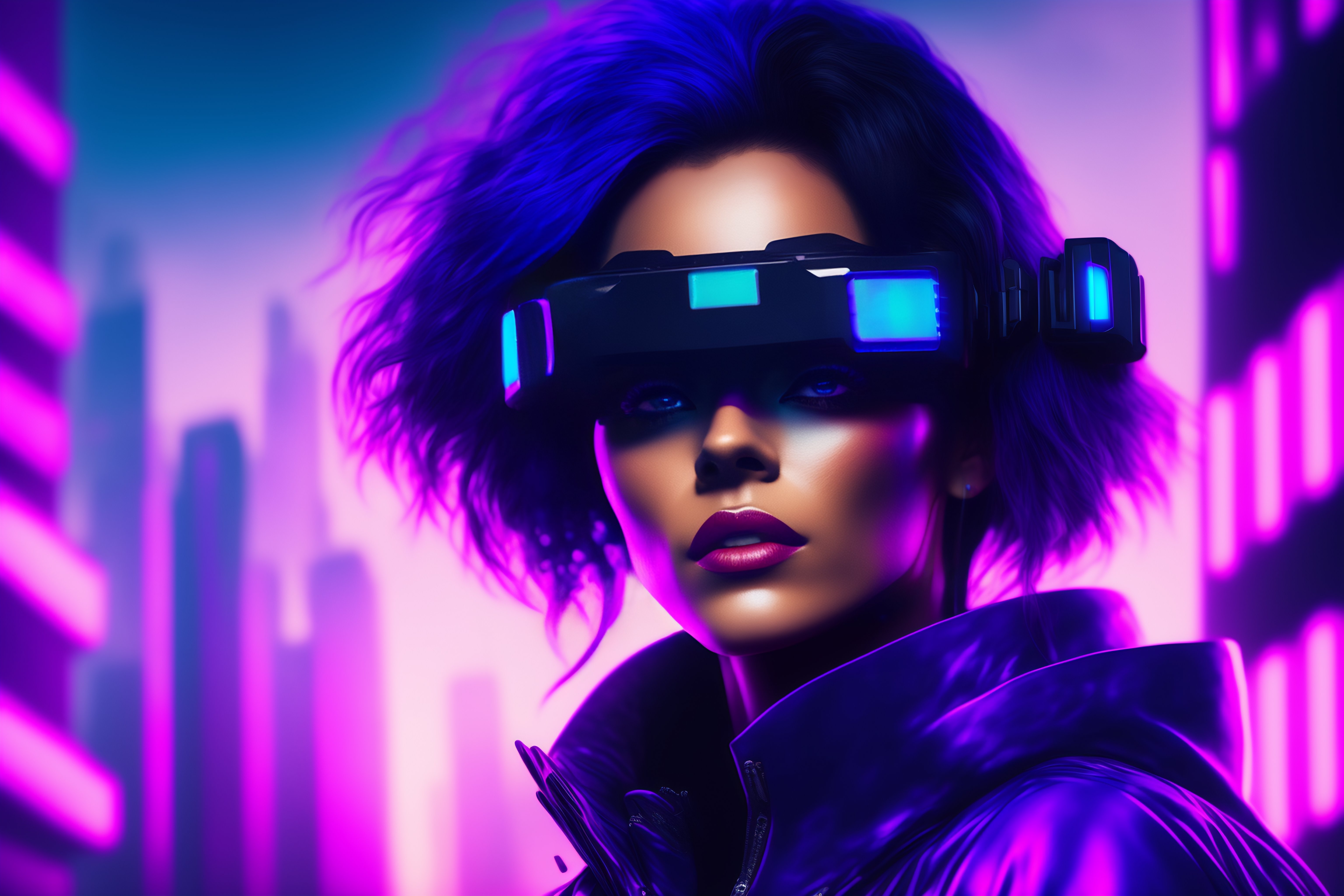Lexica - A cyberpunk full-face frontal portrait of a female eyeless cyborg wearing a VR, looking ...