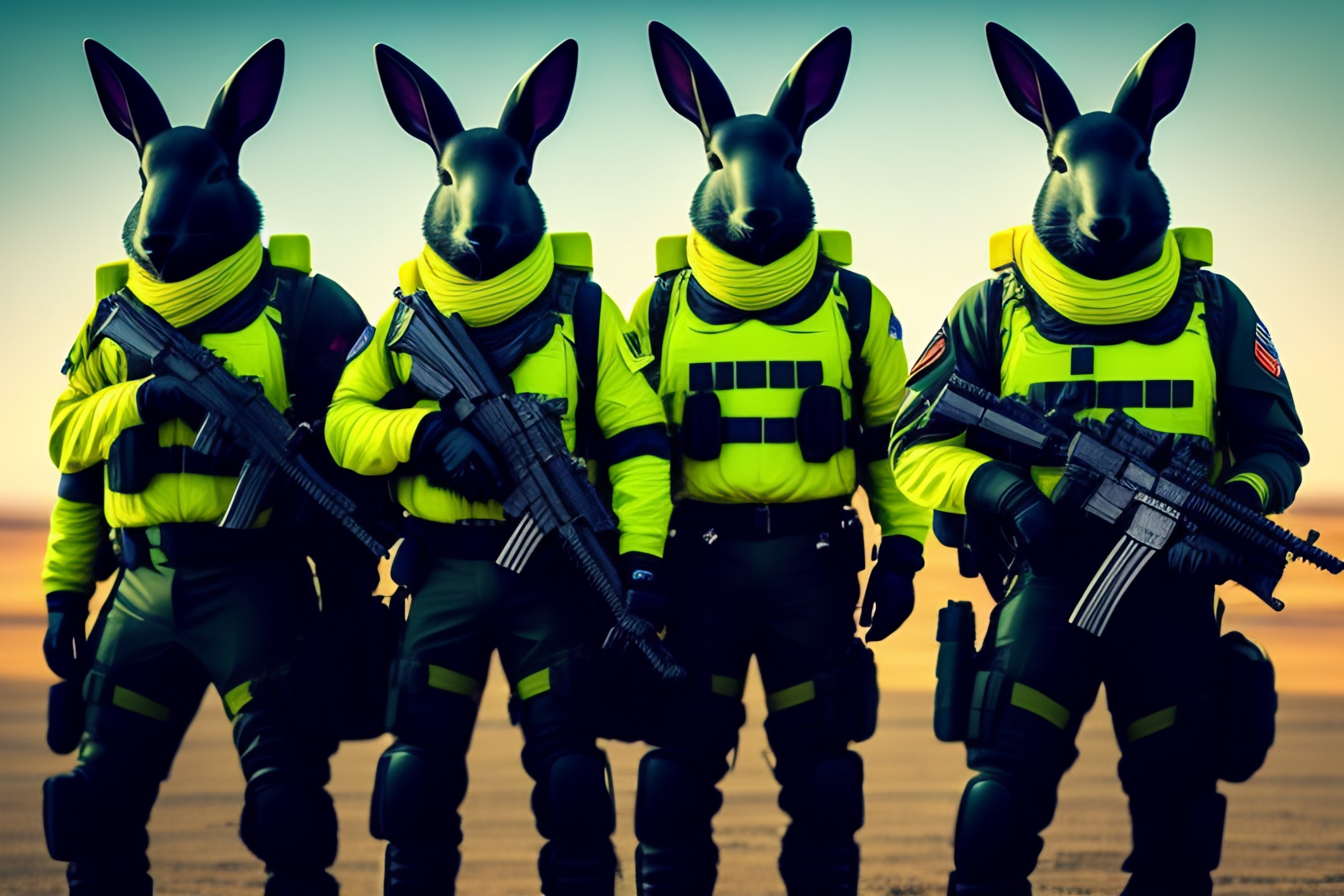 Lexica - Five neon rabbits, of special forces, dressed in bulletproof ...