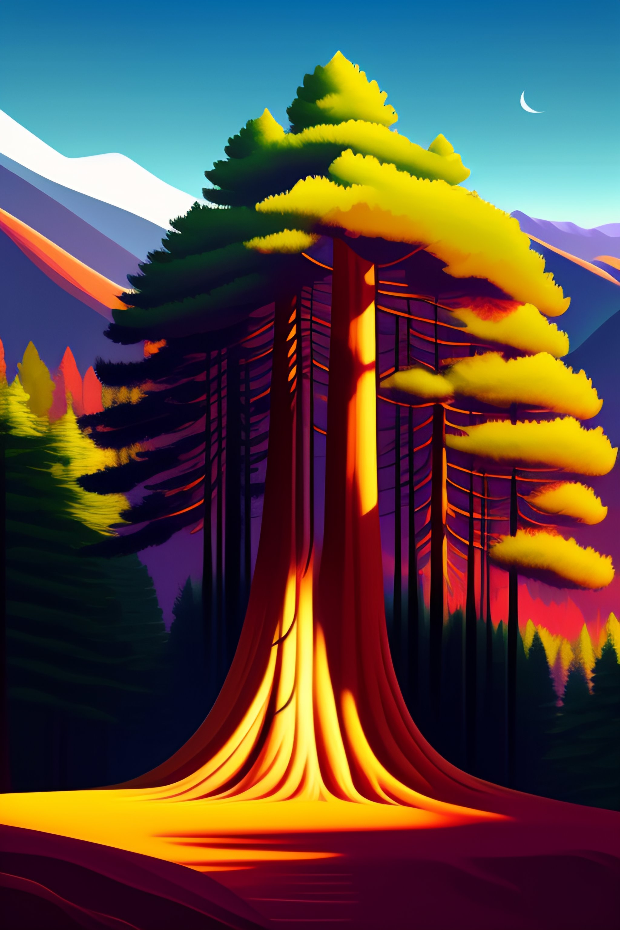 Lexica - Sequoia tree national park background, cartoon illustration style