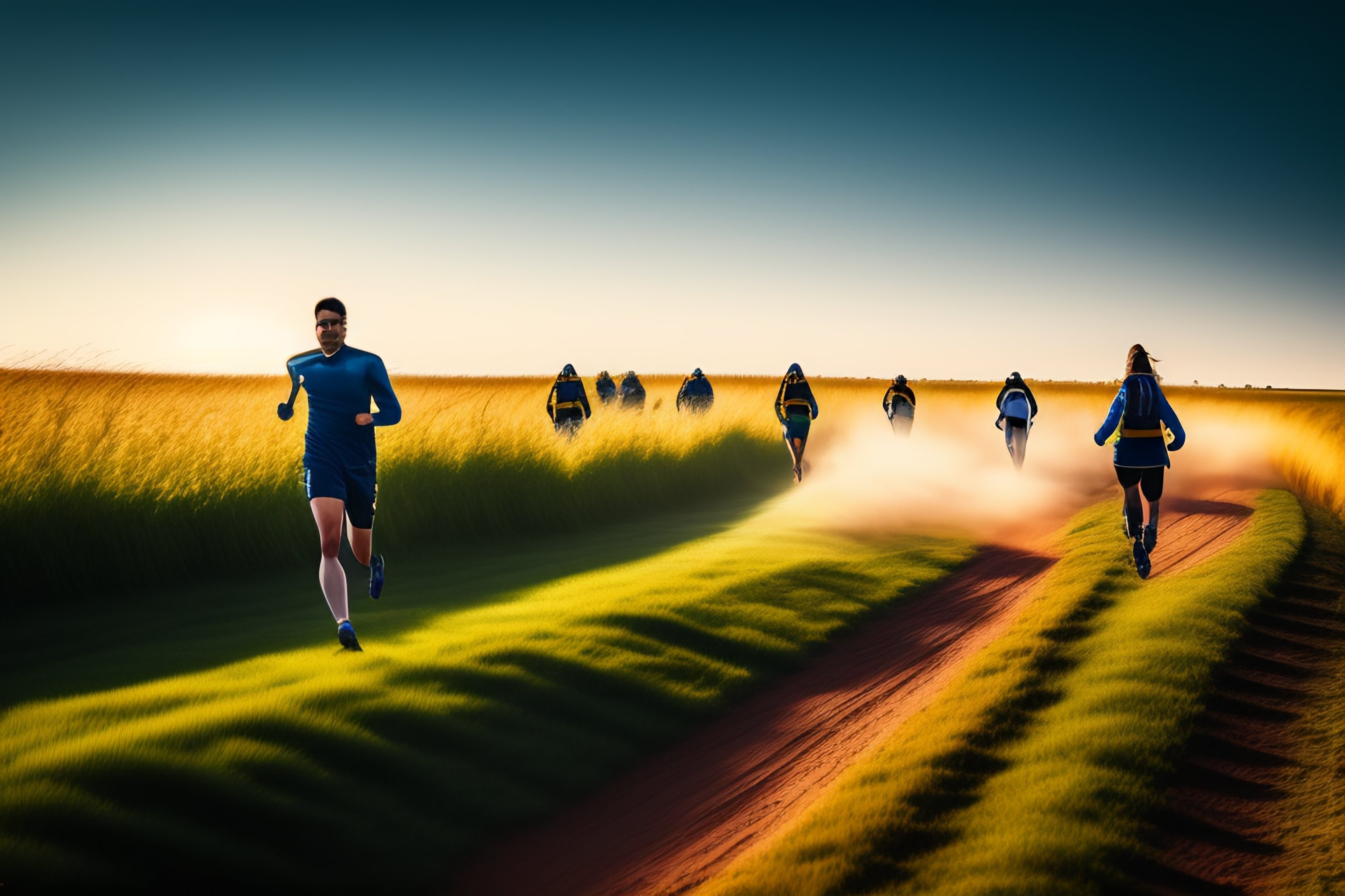 Lexica - Men and women chasing, front view, grass ground, sun, sharp faces
