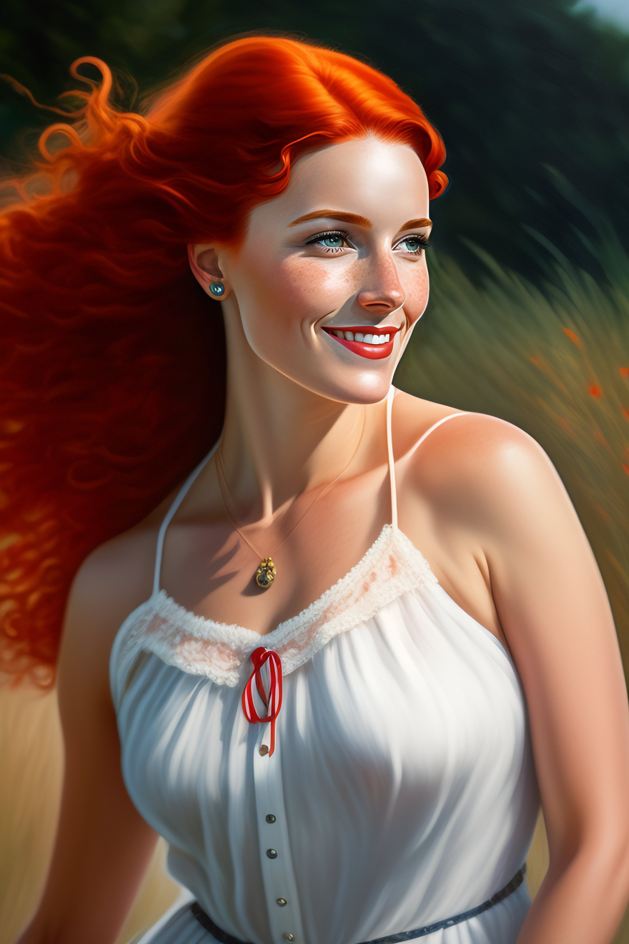 Lexica - Portrait a realistic lady with freckles and red hairs jumping