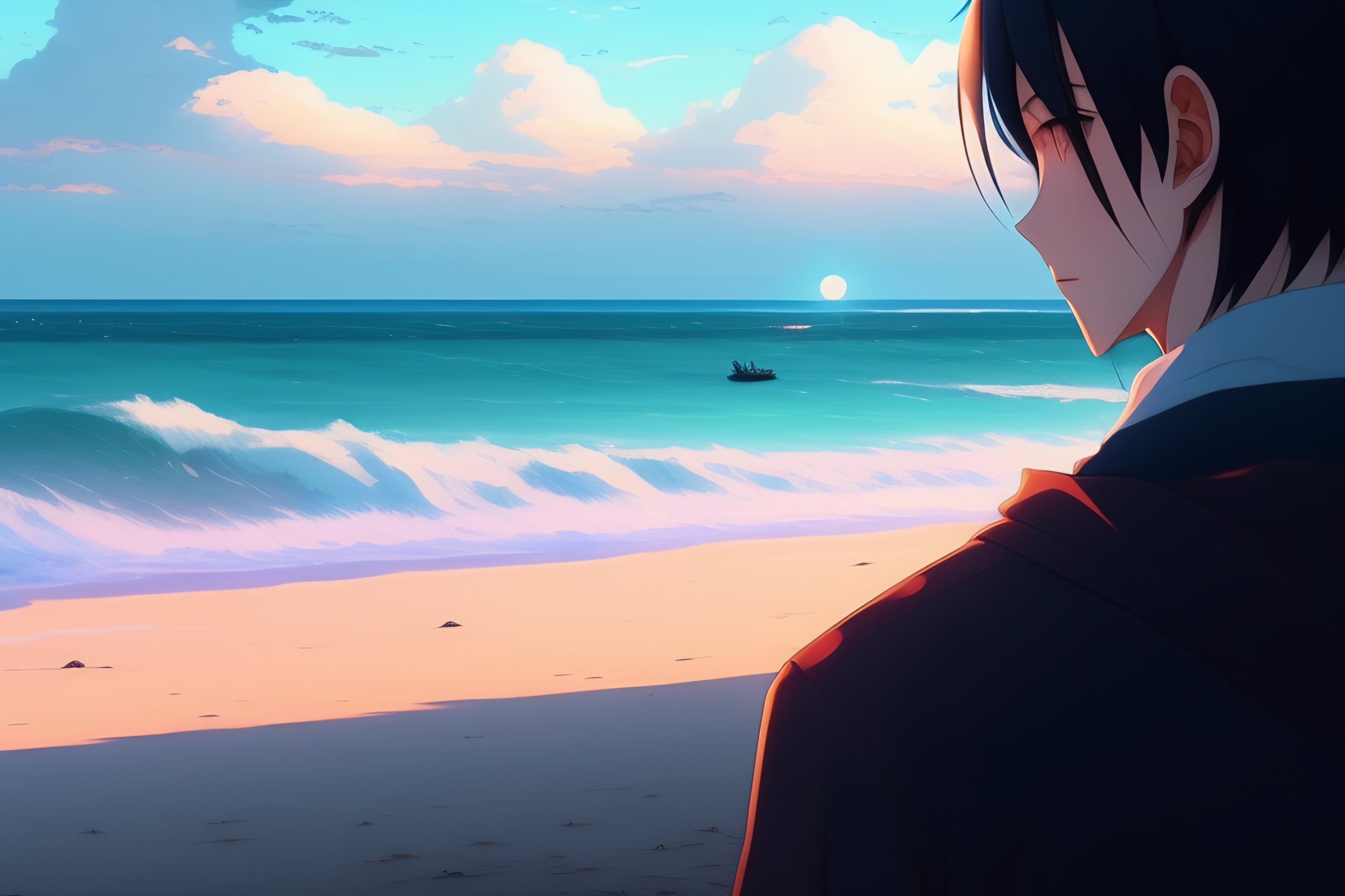 Lexica - Beautiful anime painting of back of a man from a far with dark ...