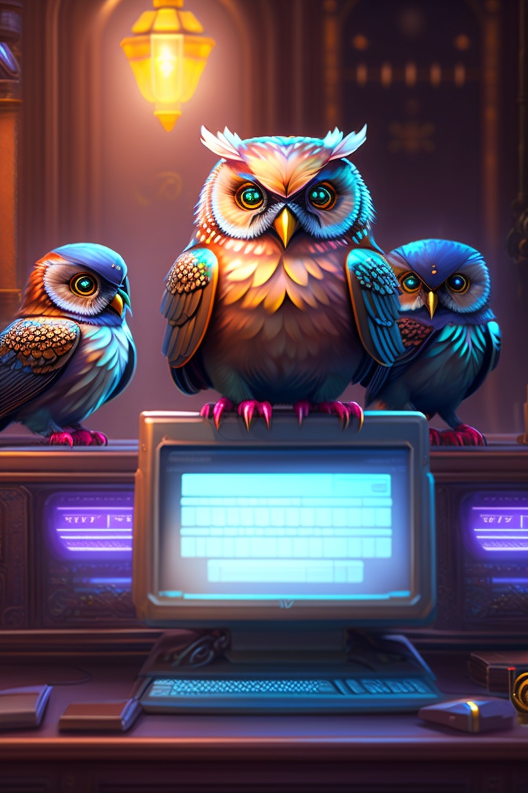 Lexica - Tiny good, robot owls looking at a computer, surrounded by ...