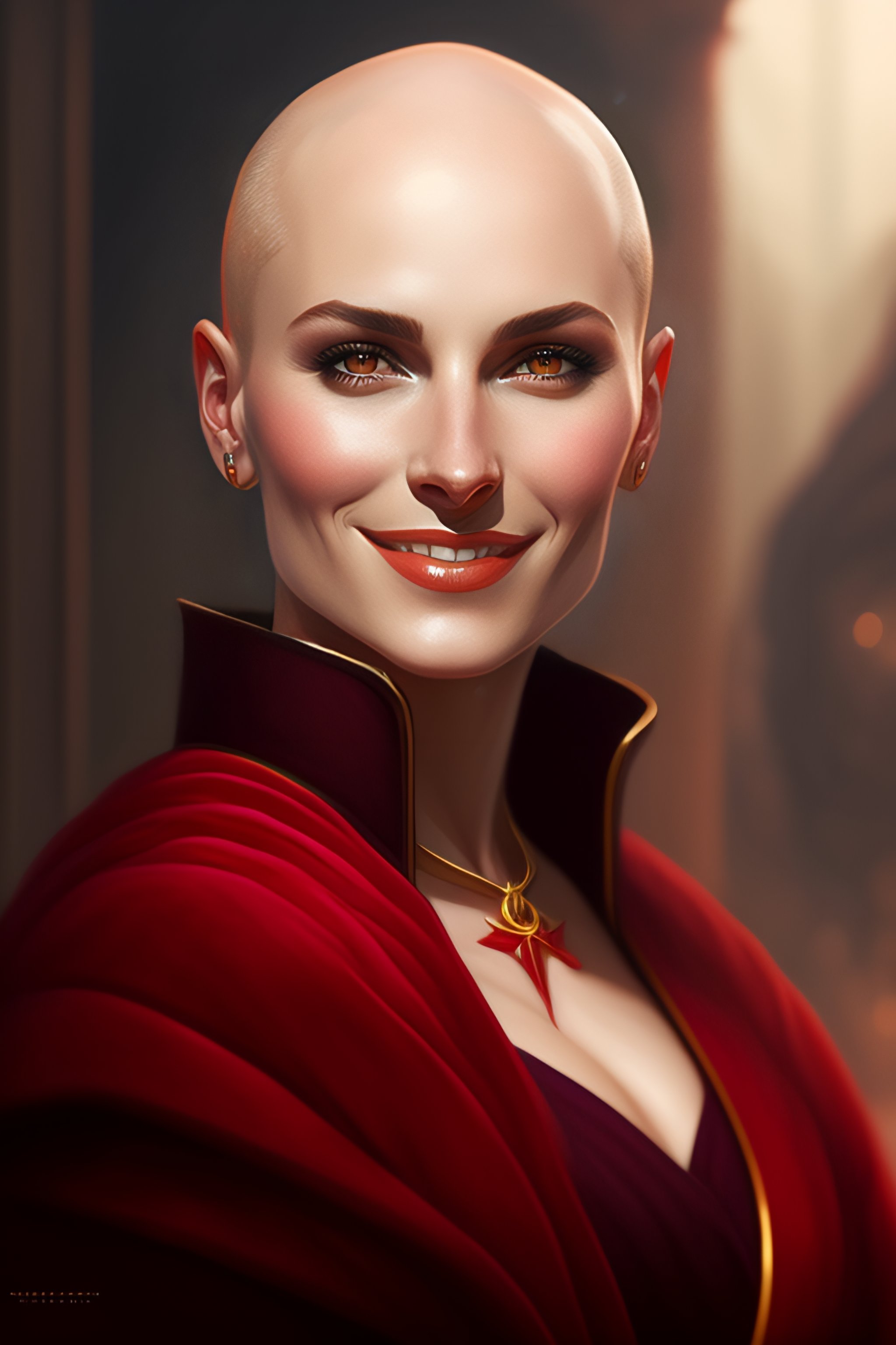 Lexica - Young bald pale woman, dark red robes, sly smile, noble ...