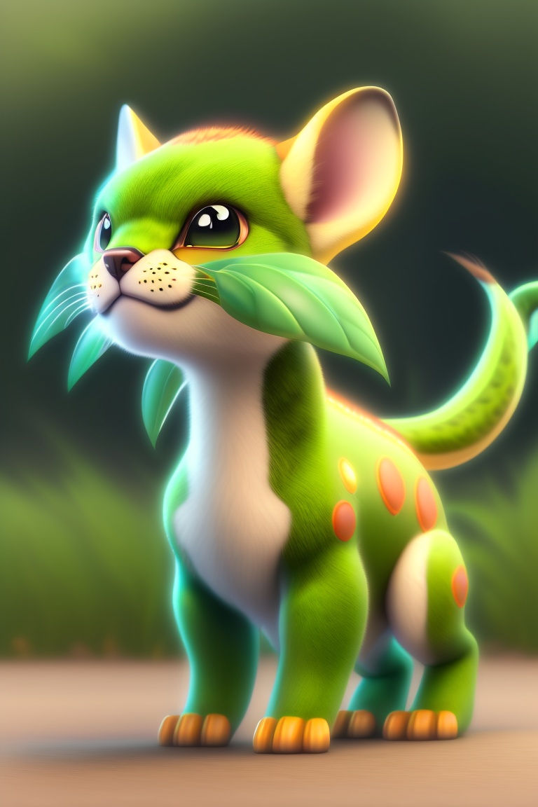 Lexica - A green grass-type Pokémon that resembles a baby cheetah with ...