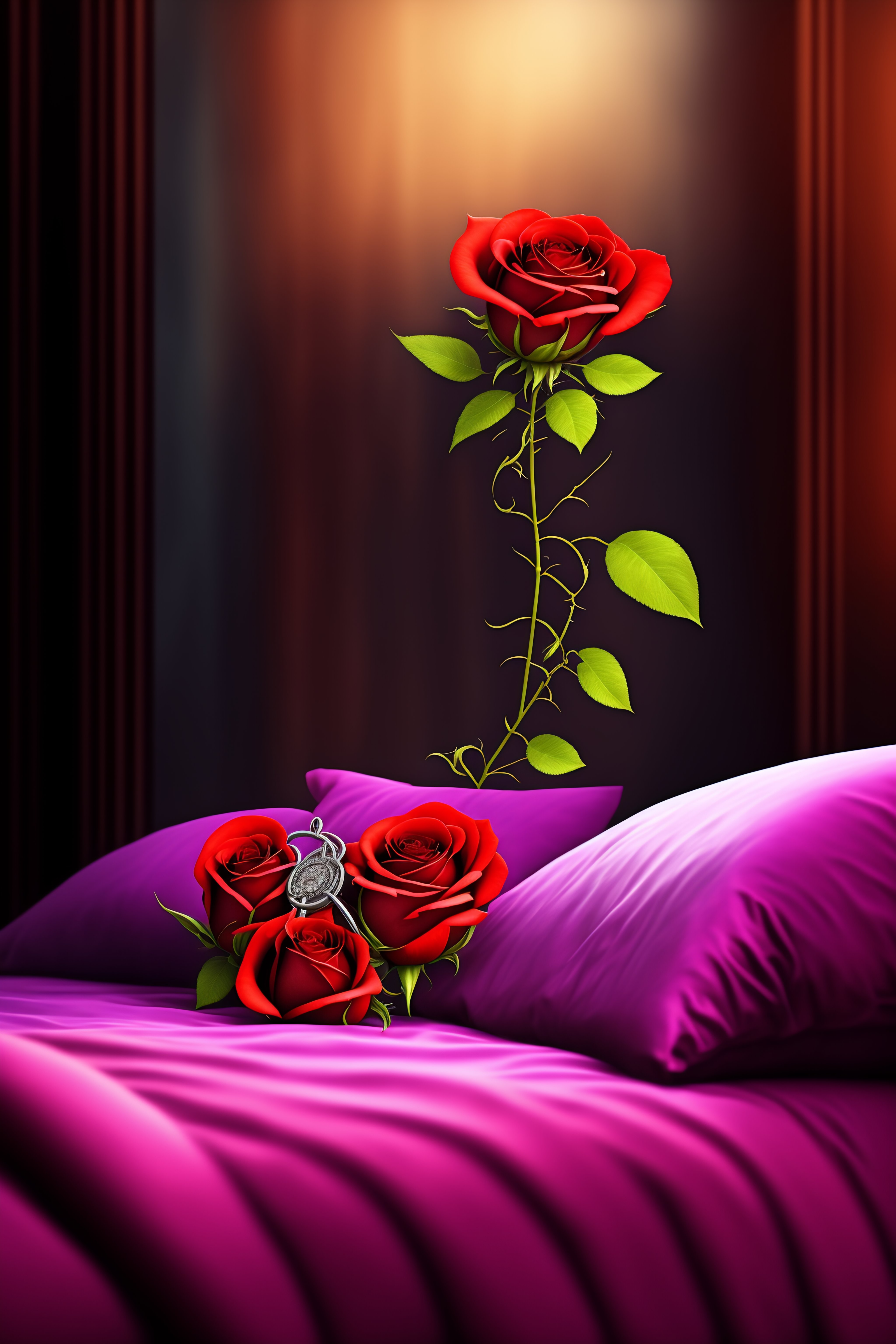 Lexica - Handcuffs and roses on a bed in the middle in a huge room ...