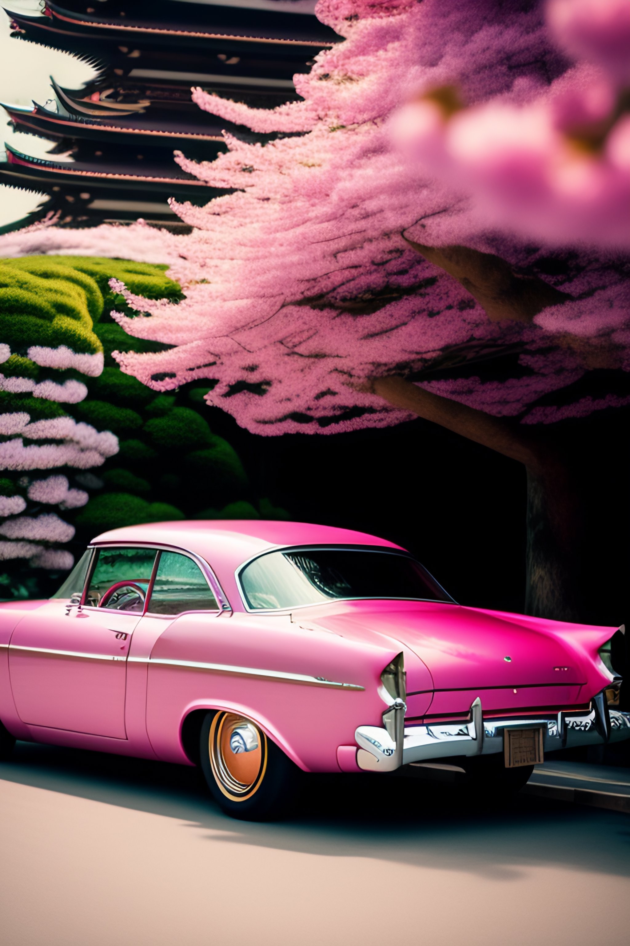 Lexica - Man standing over drift car next to blooming pink blossom tree ...