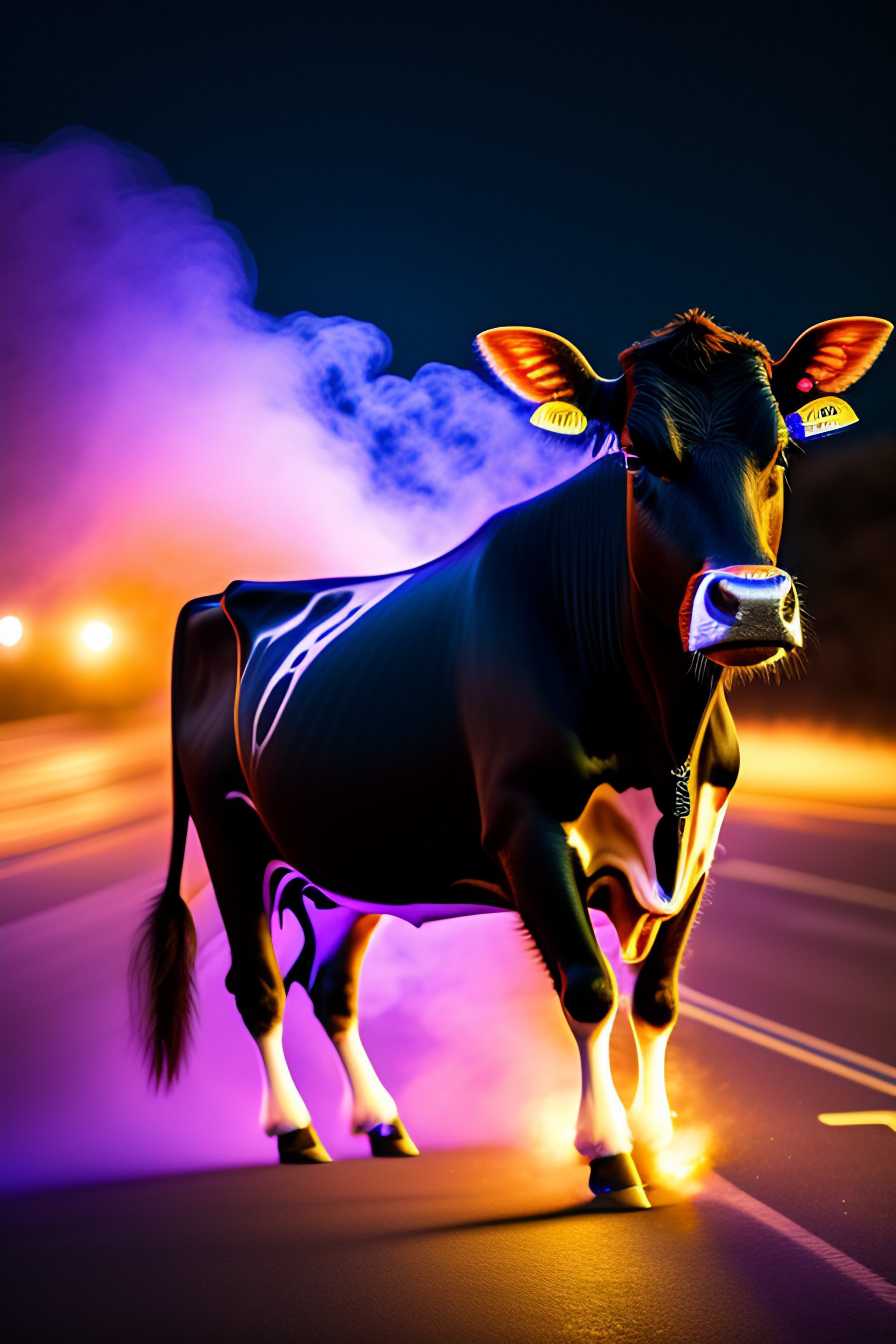 Lexica - A cow riding a floating motorbike that leaves a trail of ...