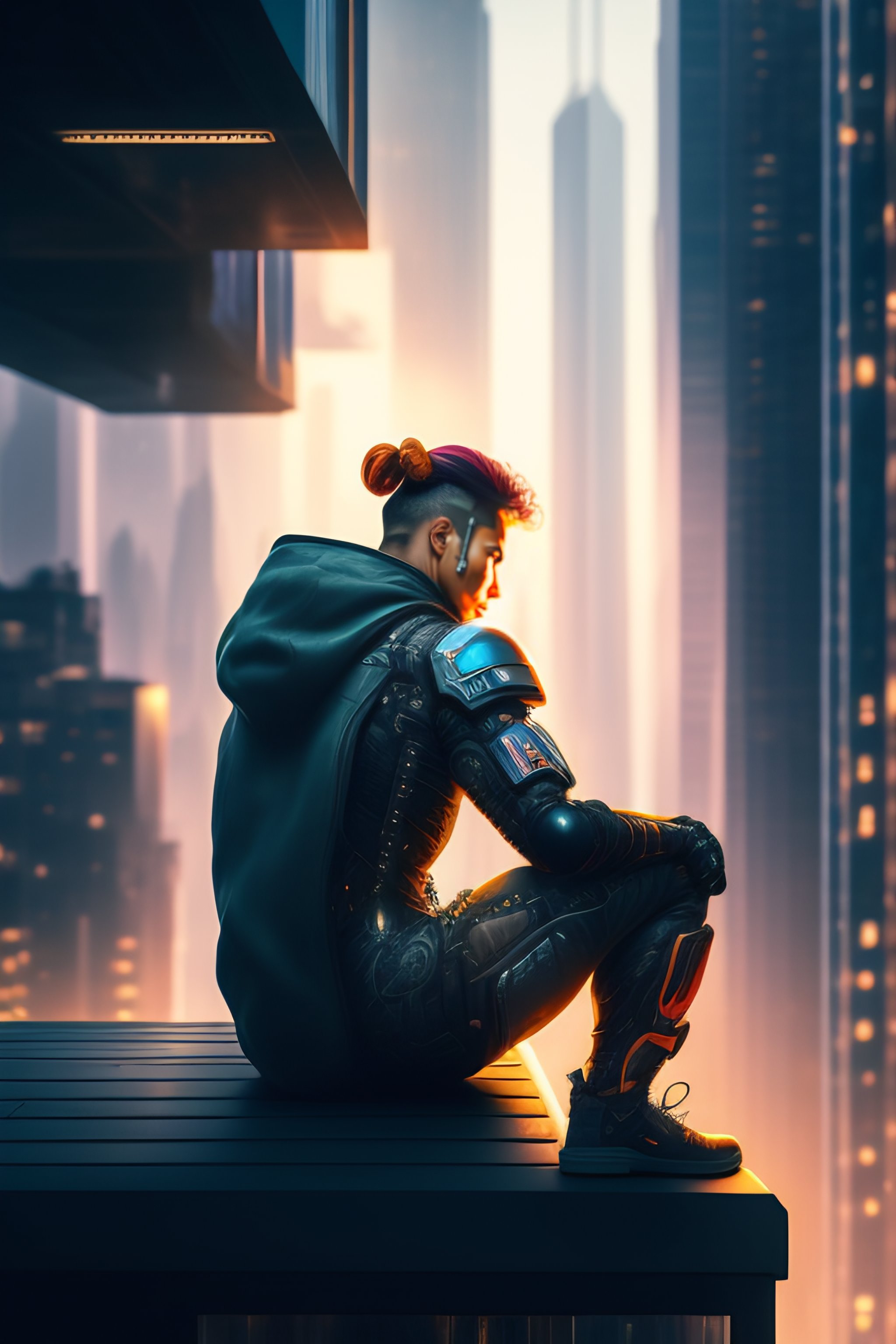 Lexica - Cyborg cyberpunk sitting on a roof looking down at a city ...