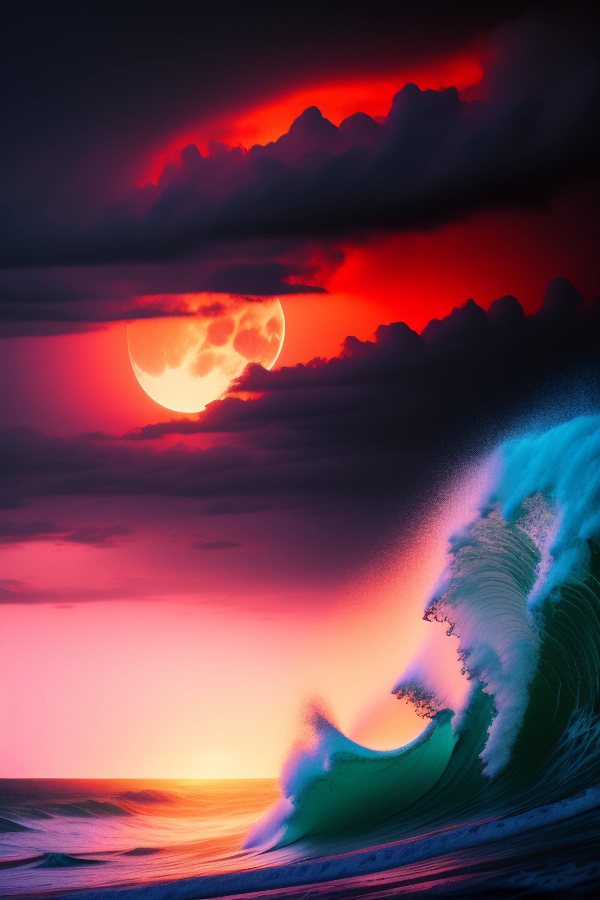 Lexica - Red moon over stormy red ocean, huge clouds, dappled silver ...