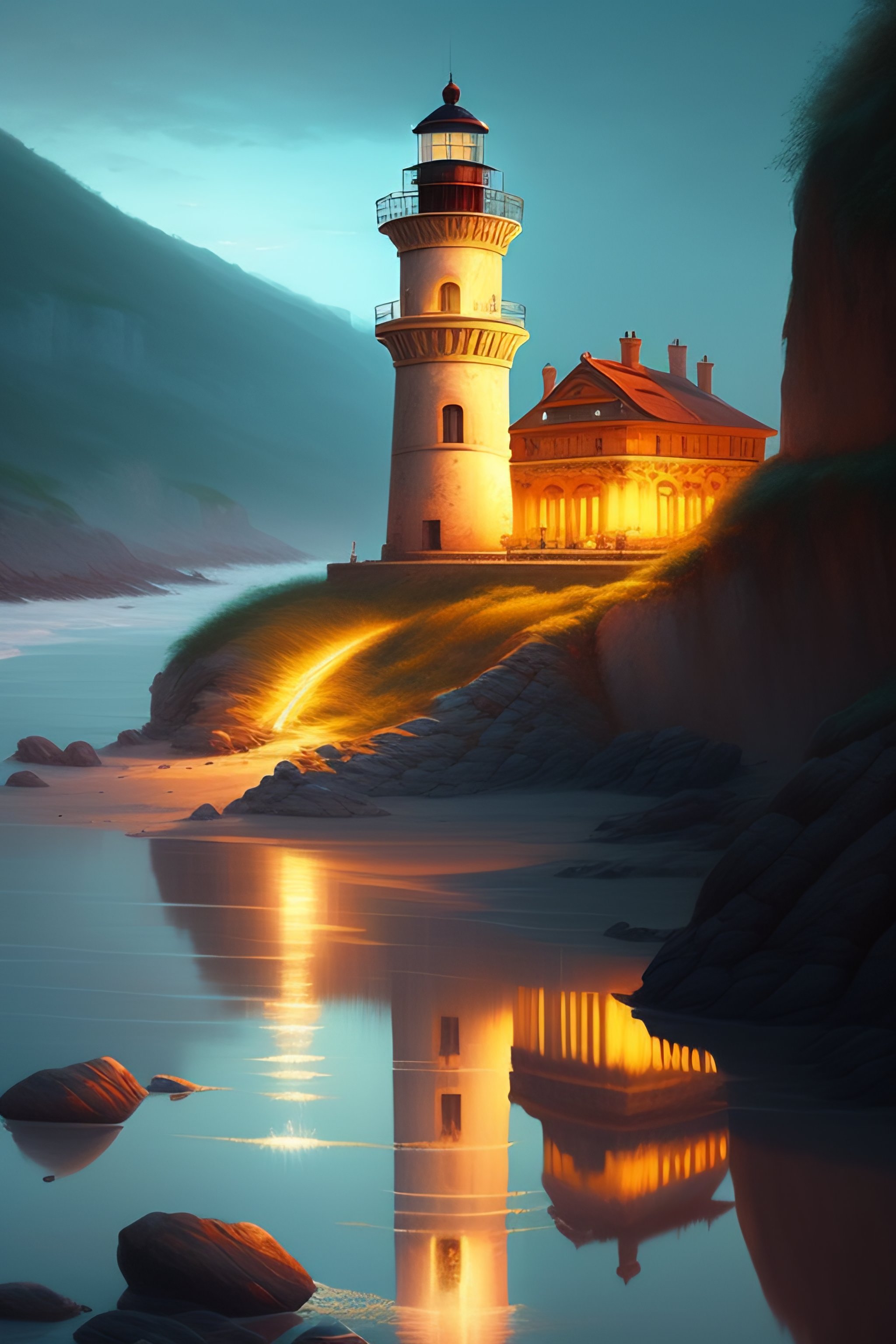 Lexica - Ancient city of Rome with a lighthouse near the shore and a ...