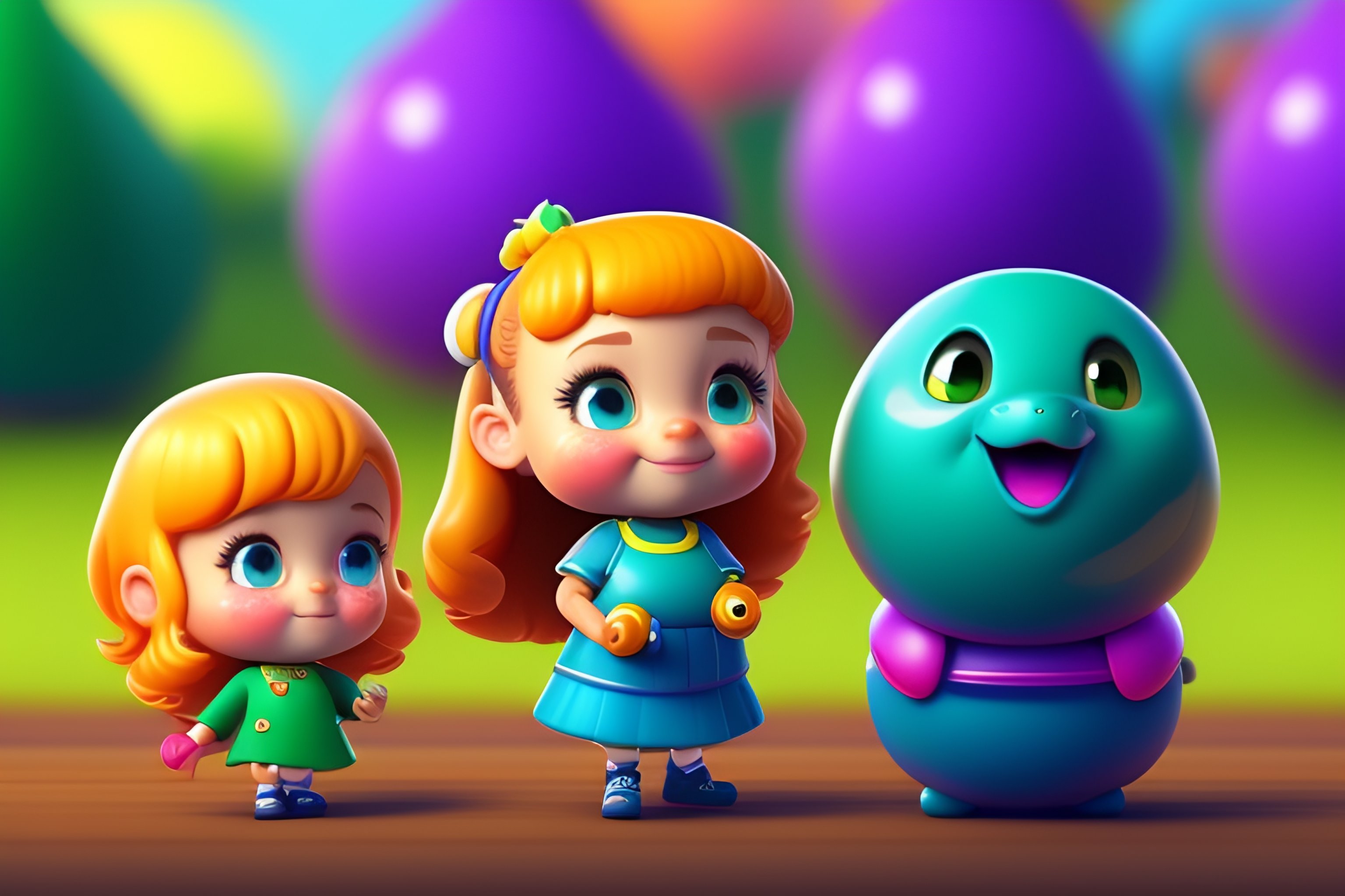 Lexica - A child cartoon in pigtails, playing with slime pets of ...