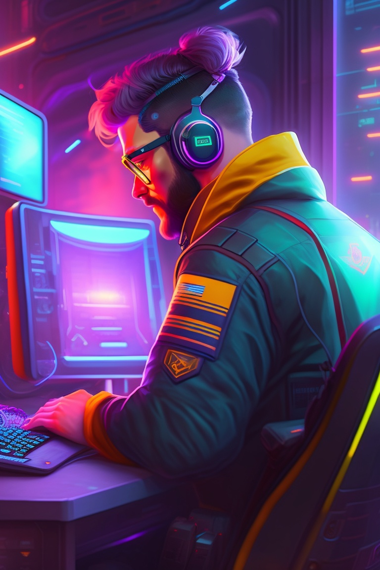 Lexica - A vibrant artstation illustration of a tech savy man playing ...