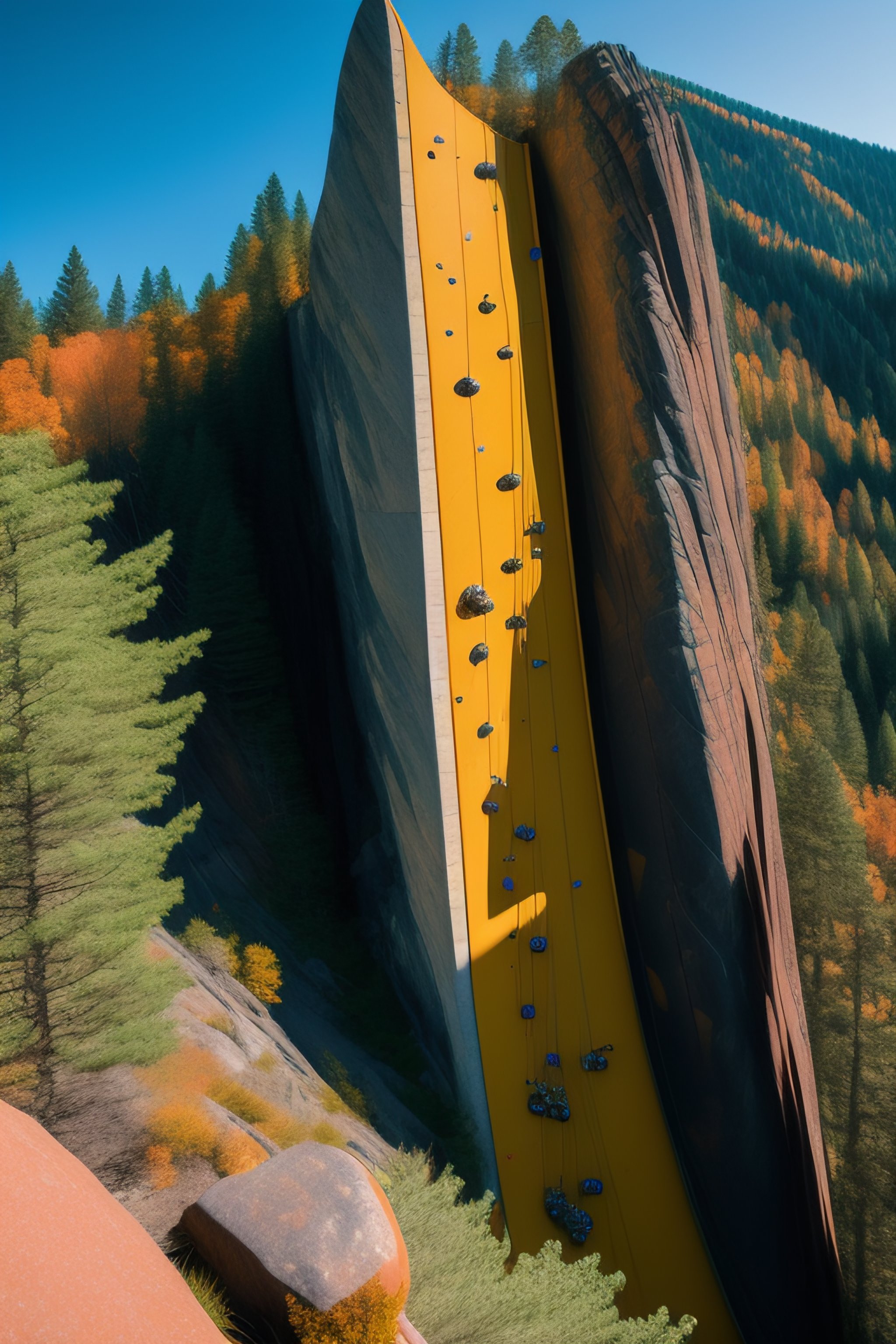 Lexica - Rock climber climbing wall on mountain face overlook;