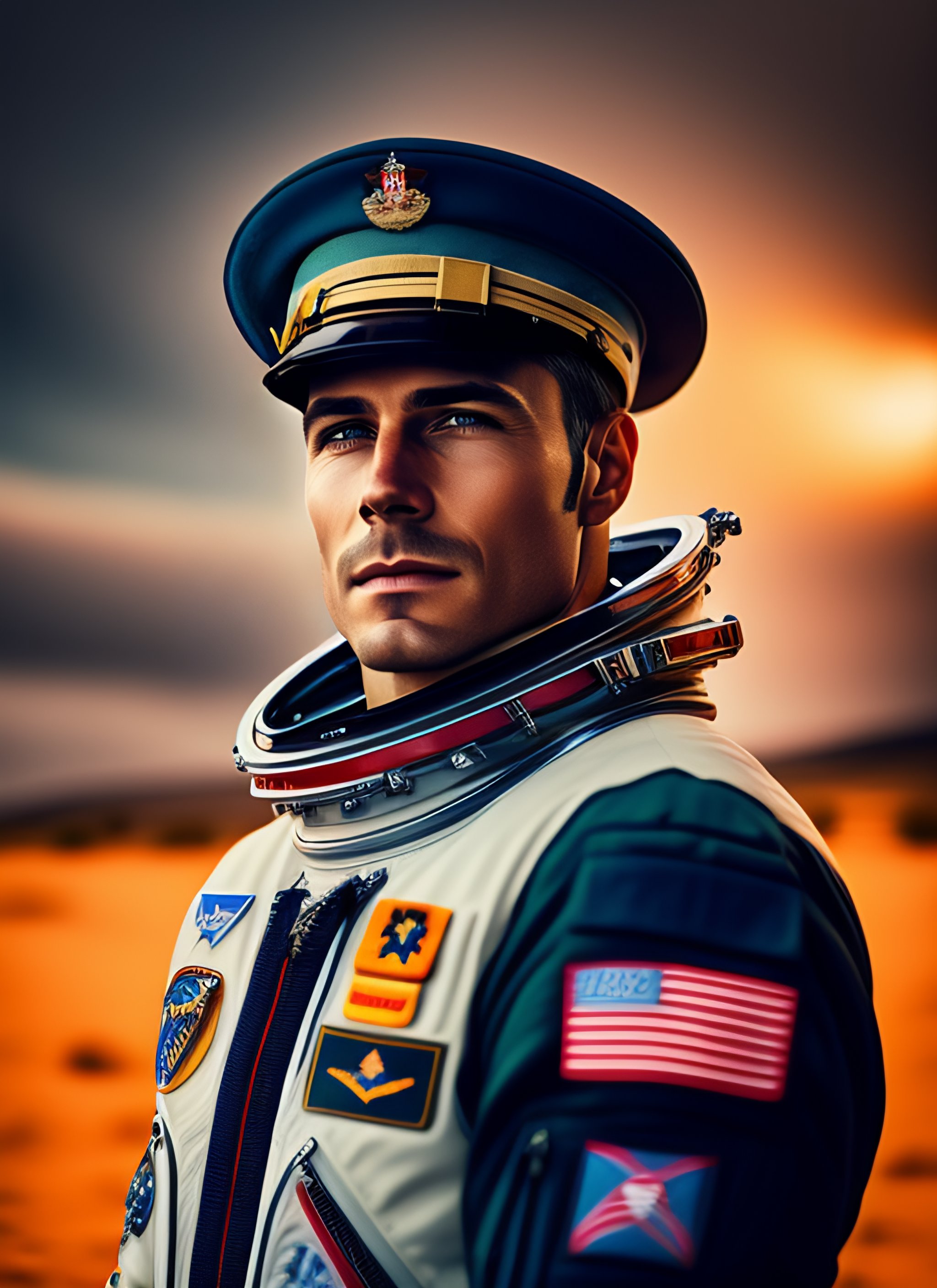 Lexica - Portrait of a man, astronaut suit, military beret, front ...