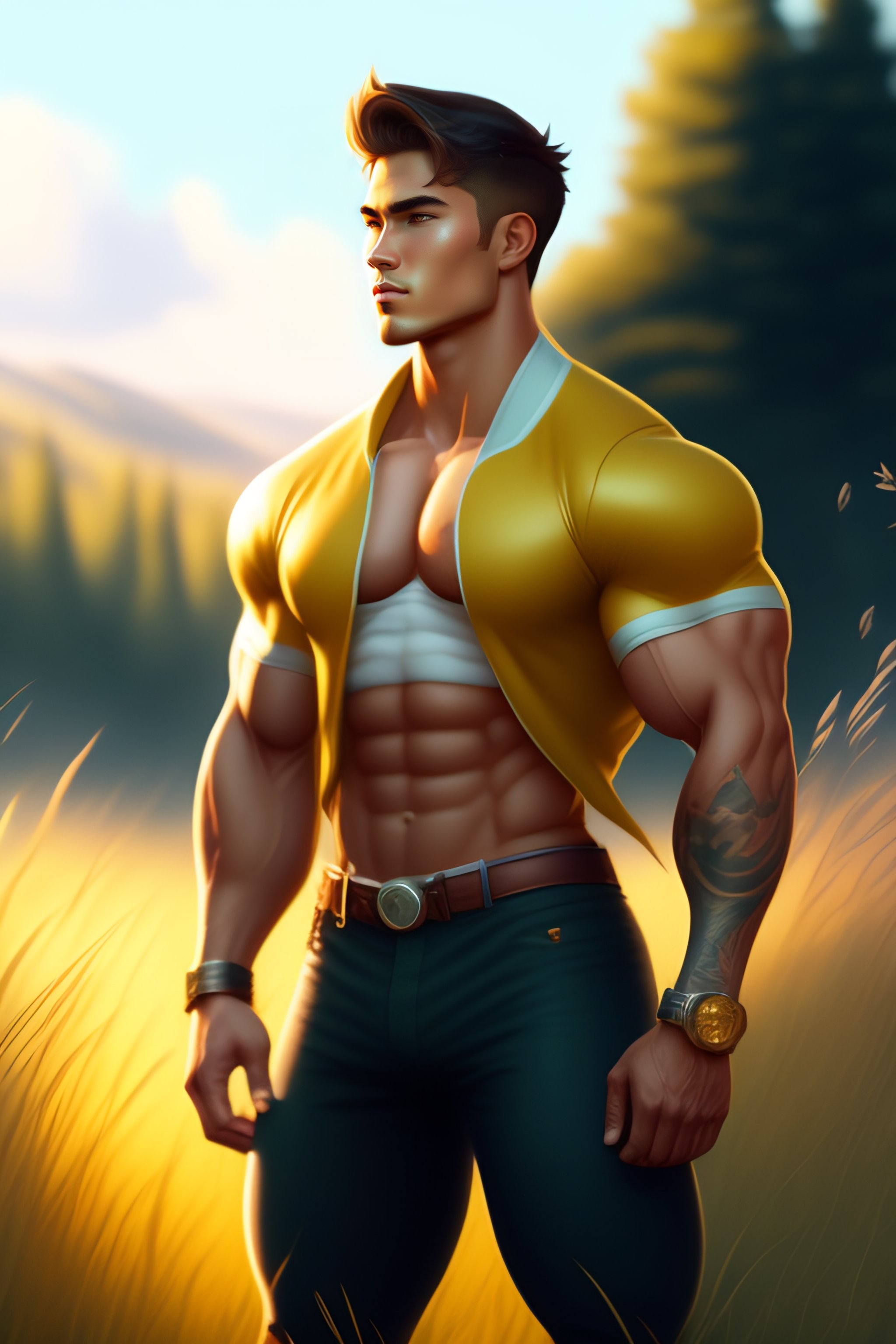 Lexica - View of gorgeous meadow with fit hot muscle young guy ...