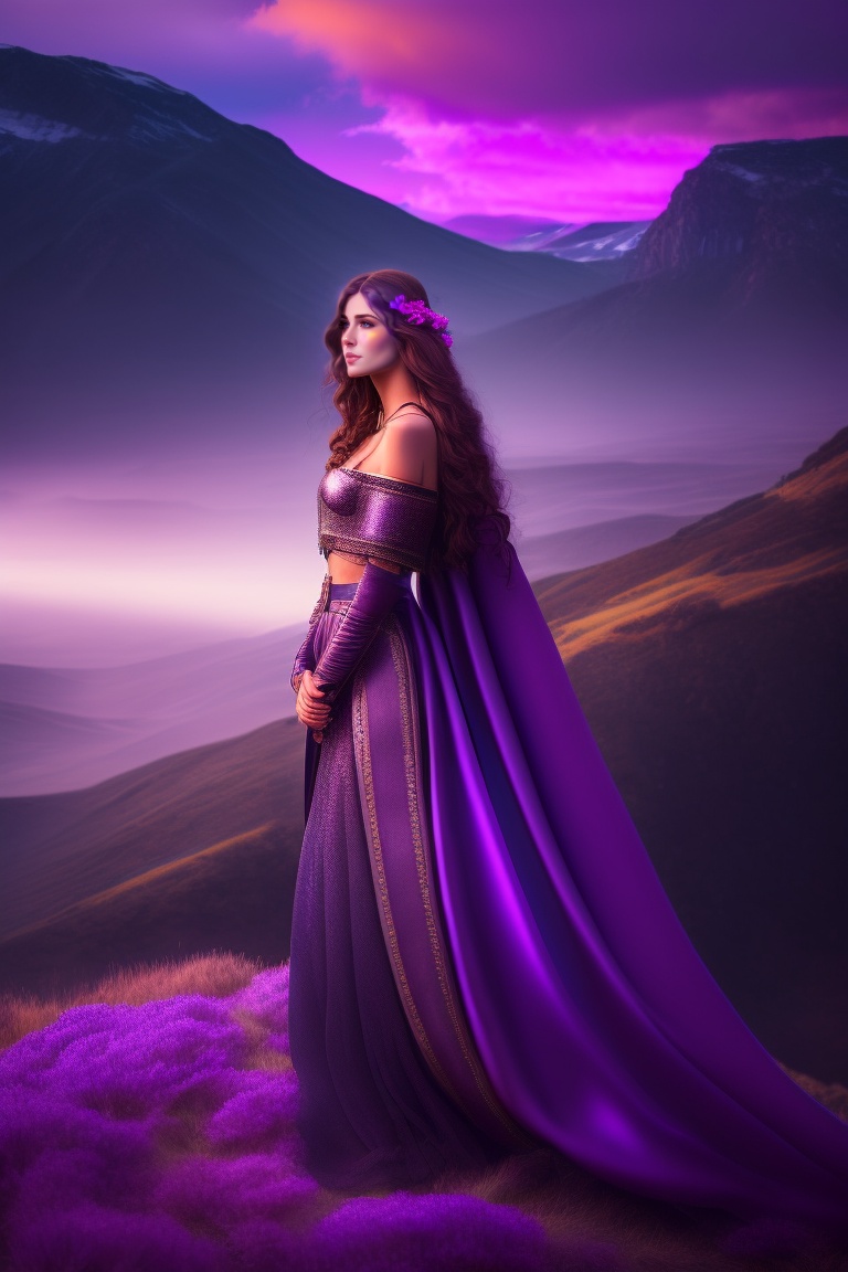 Lexica - Beautiful medieval woman on top of a moutain, purple mood