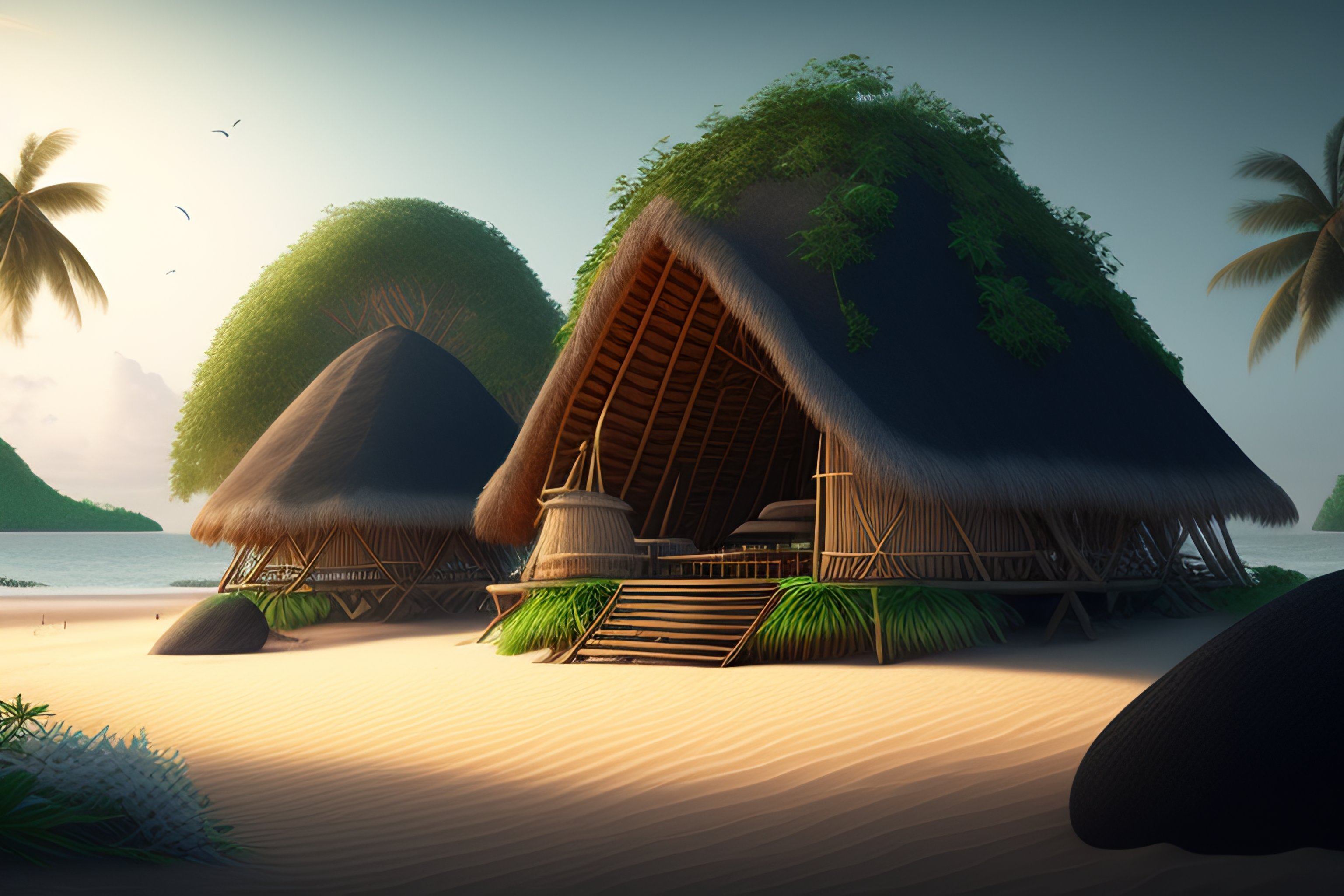 Lexica - Giant hut bamboo on tropical island beach yucca giant shells ...