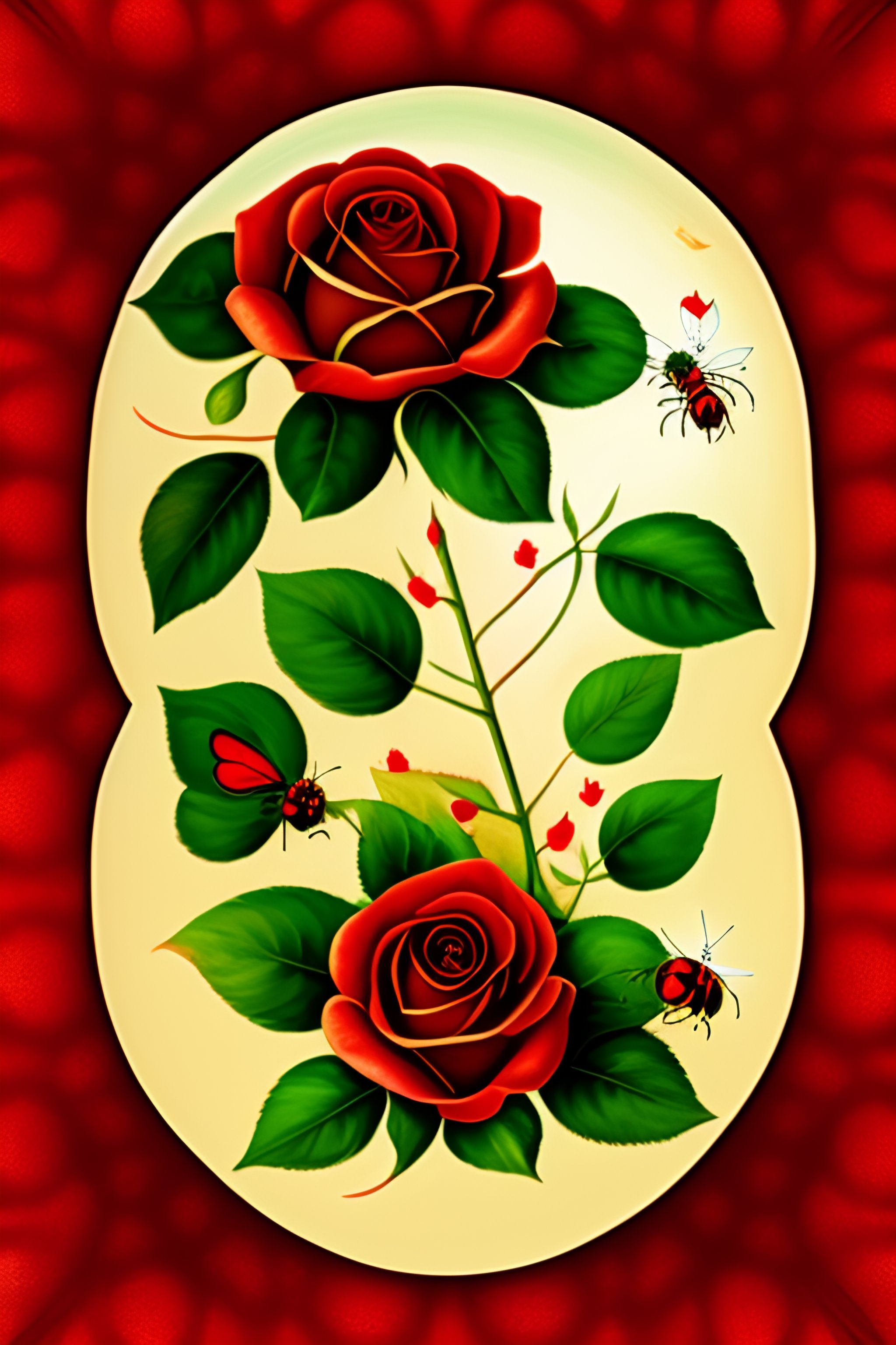 Lexica - Red roses surronded by circular arrangment of leaves, ladybird ...