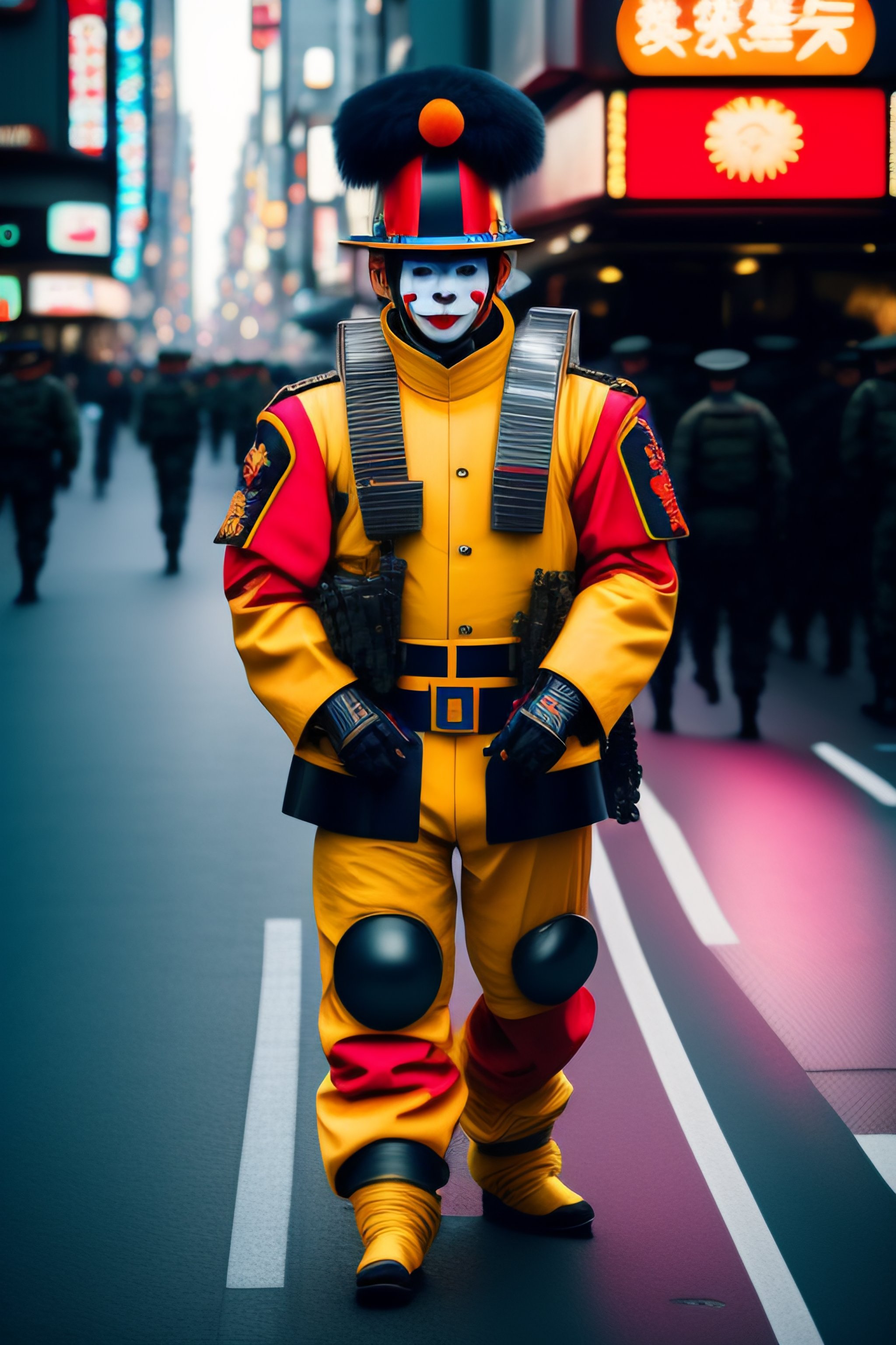 Lexica - Military robot clown wandering through tokyo