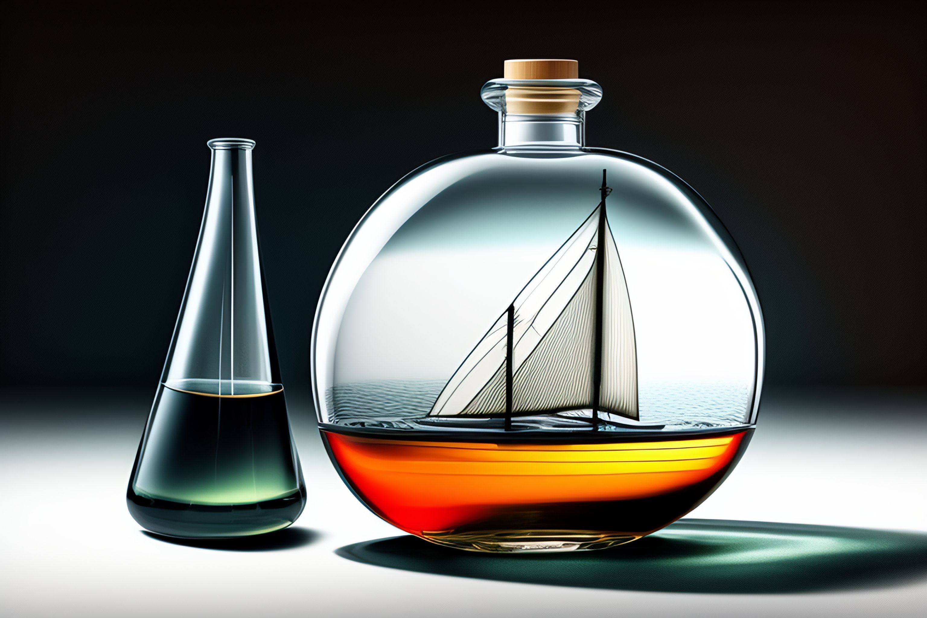 Lexica - A sailboat inside a glass bottle lying horizontally on a stand ...