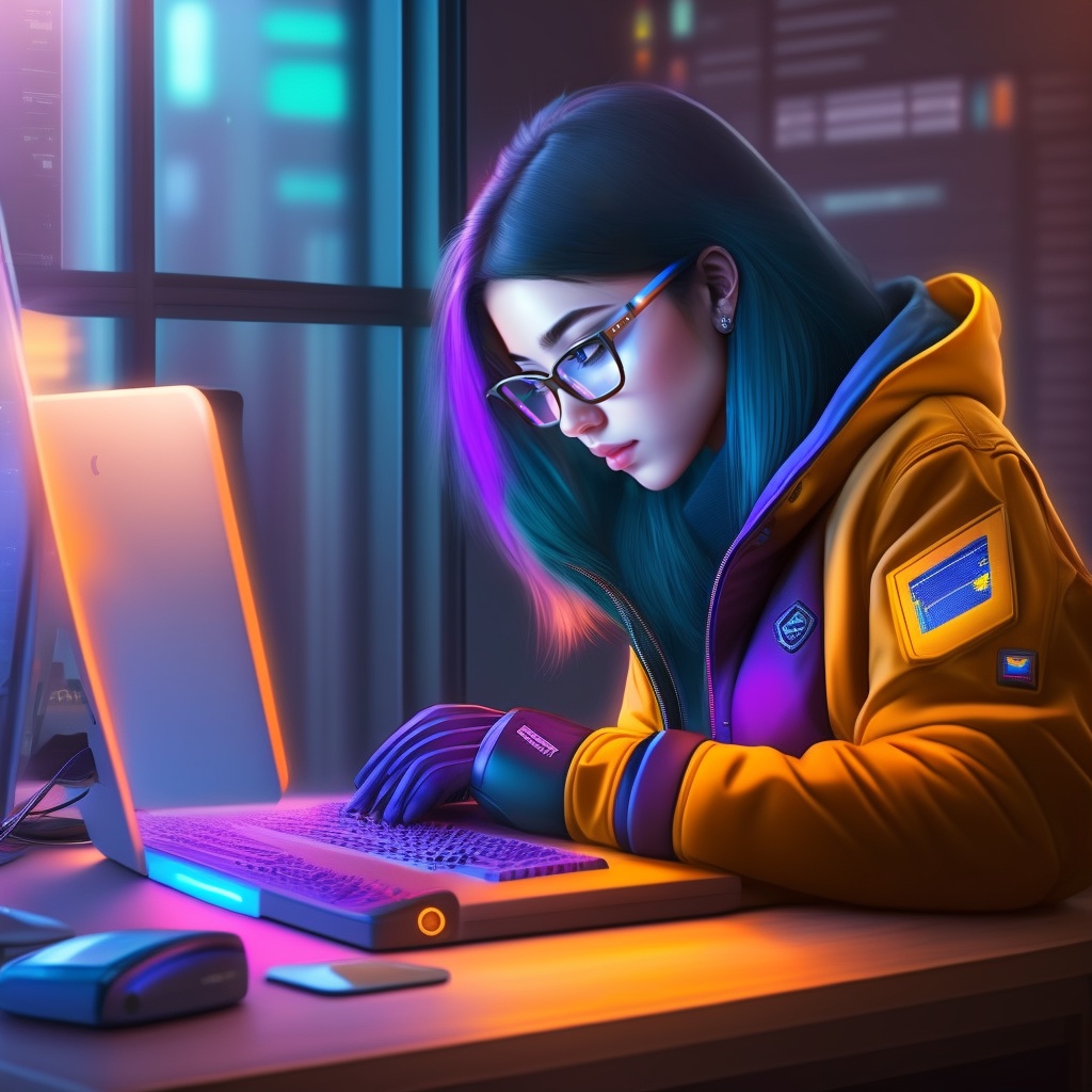 Lexica - Programmer girl studying in the computer, hacker, cyberpunk
