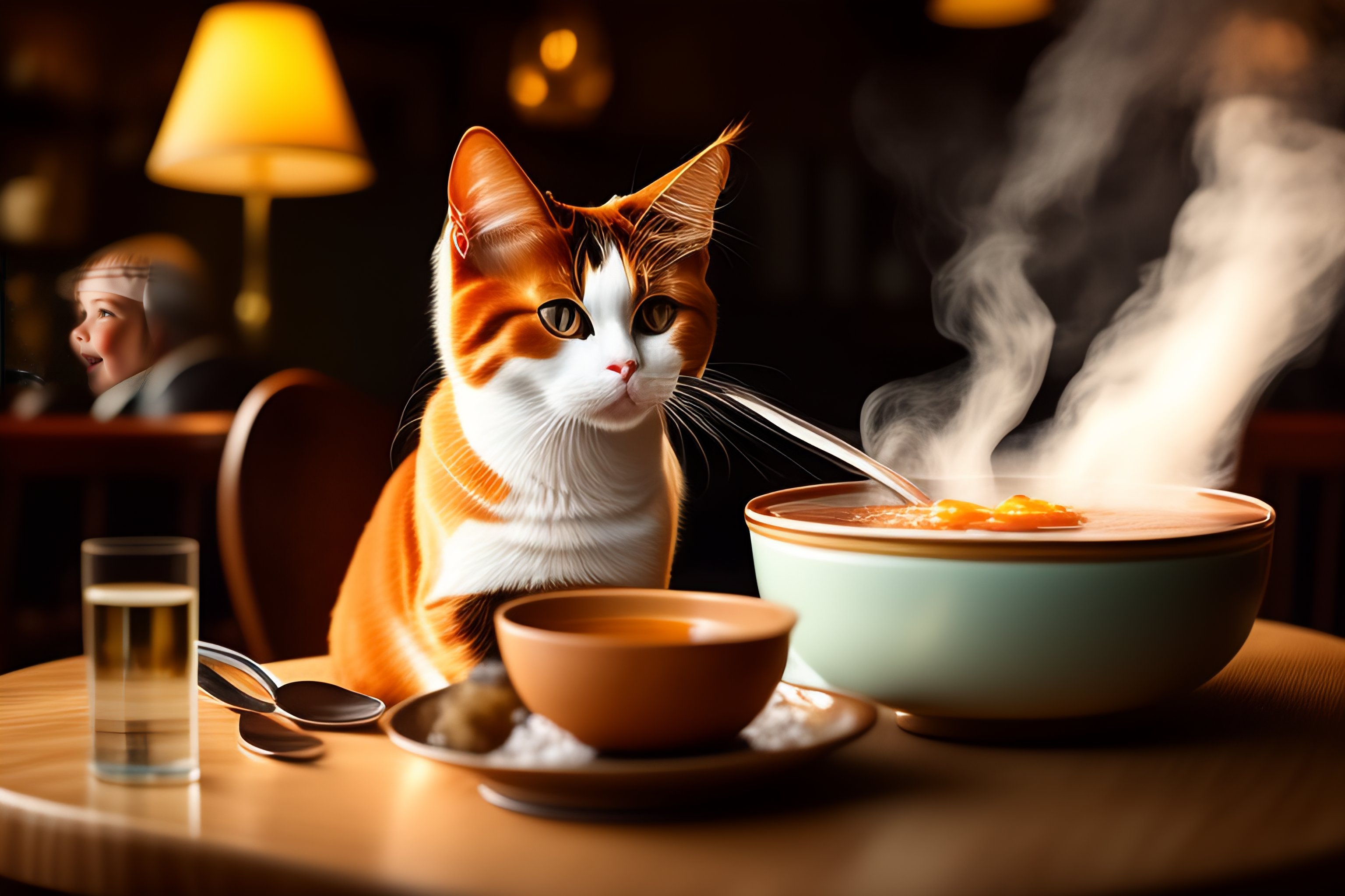 Lexica - A cute calico cat cooking soup at a French restaurant