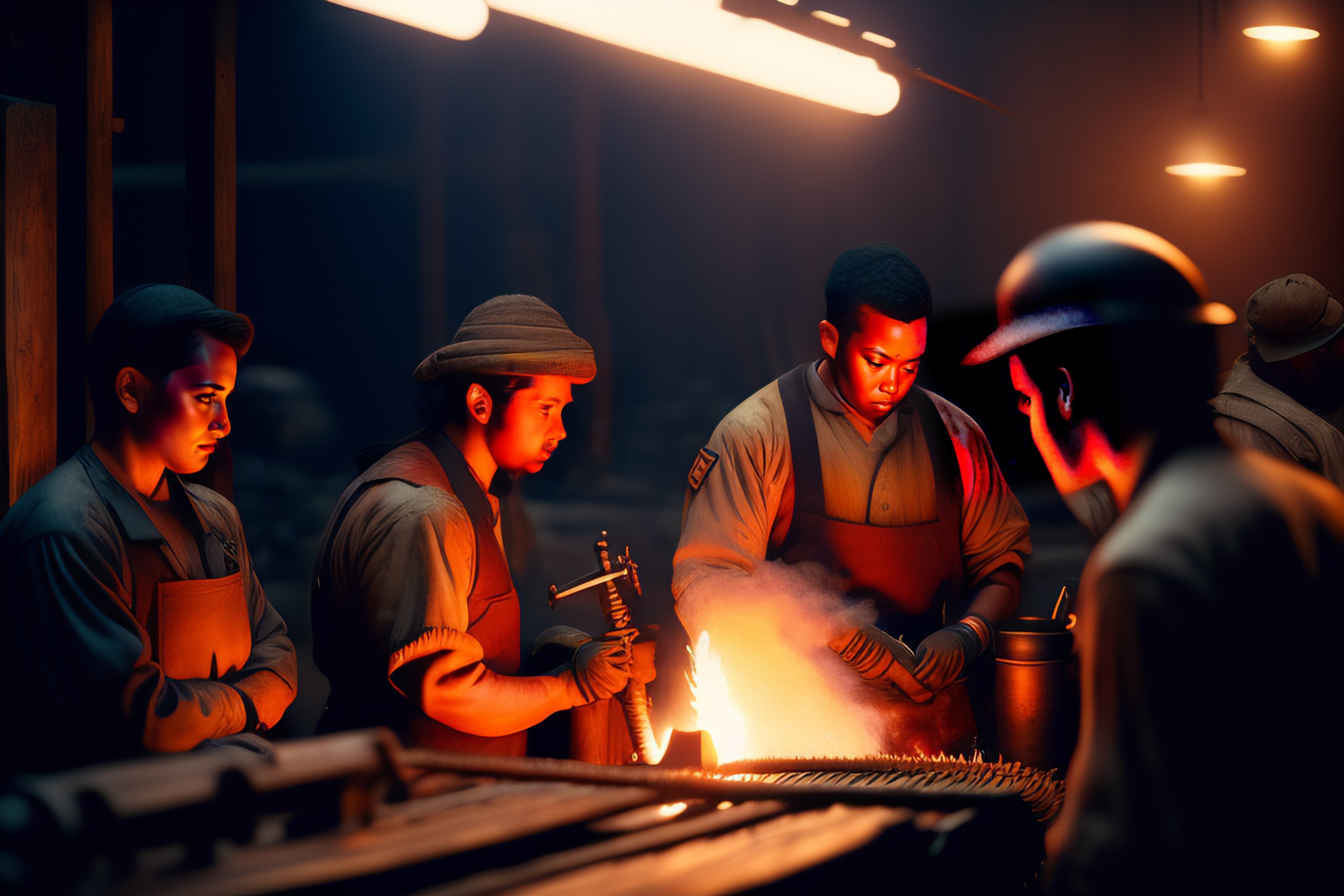 Lexica - Dystopian blacksmith factory workers creating weapon items ...