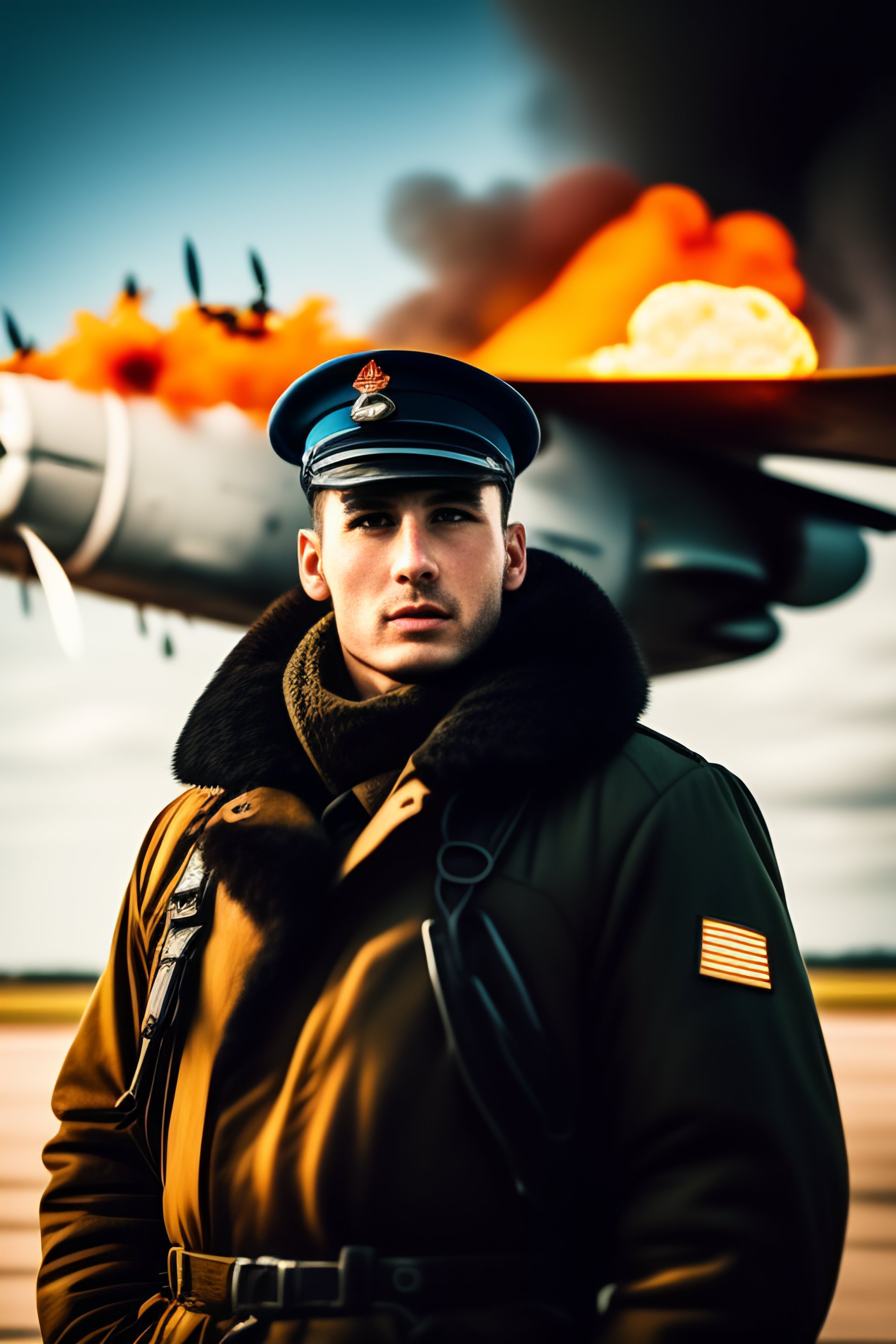 Lexica - Ww2 pilot with burning plane in the background