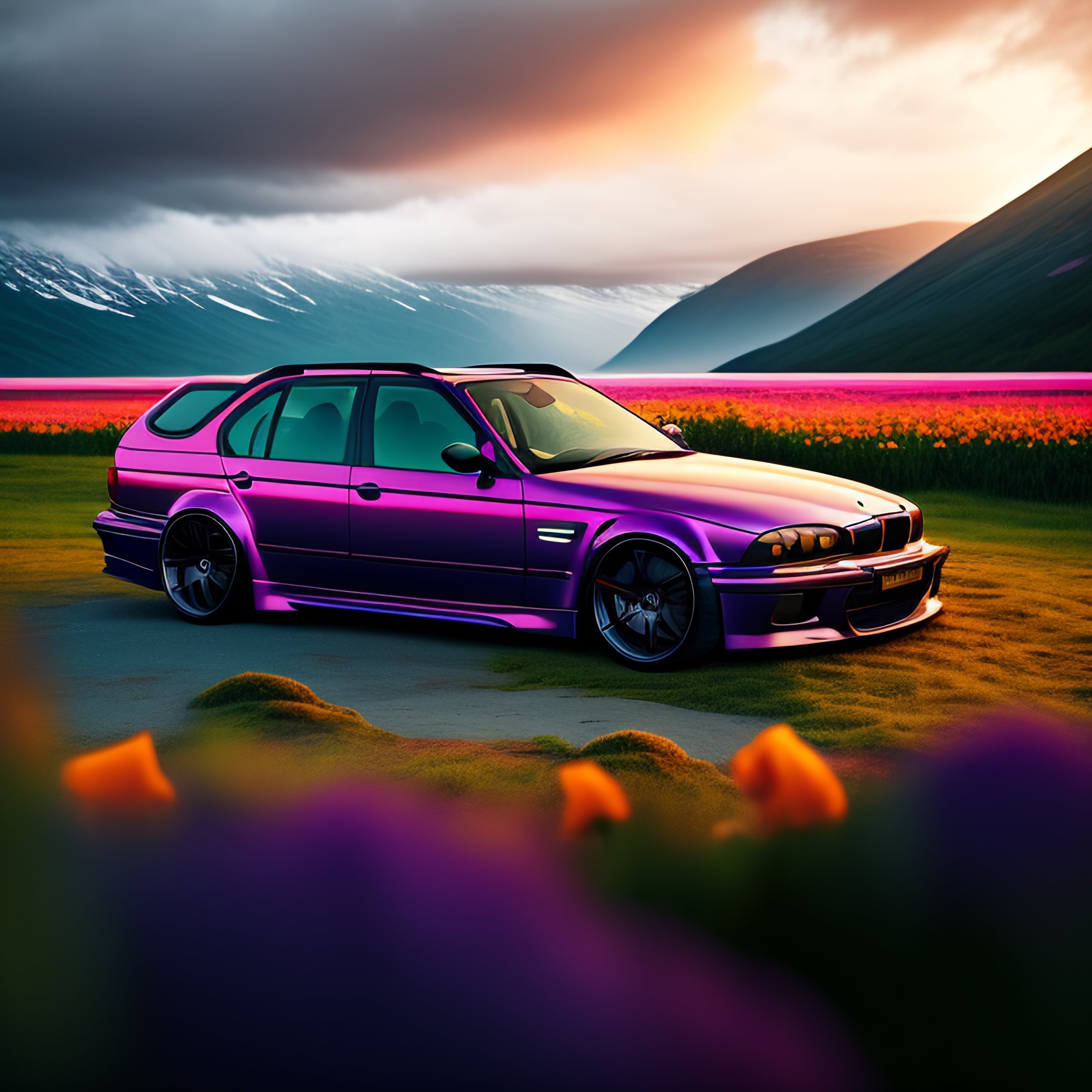 Lexica - Bmw E46 touring in fjord filled with flower, heaven and clouds ...