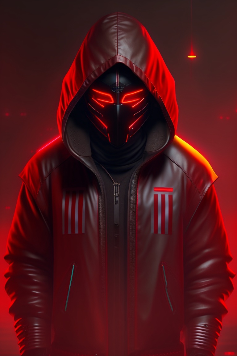 Lexica - Male character, hooded, cyberpunk, red neon, mask, dark, red ...