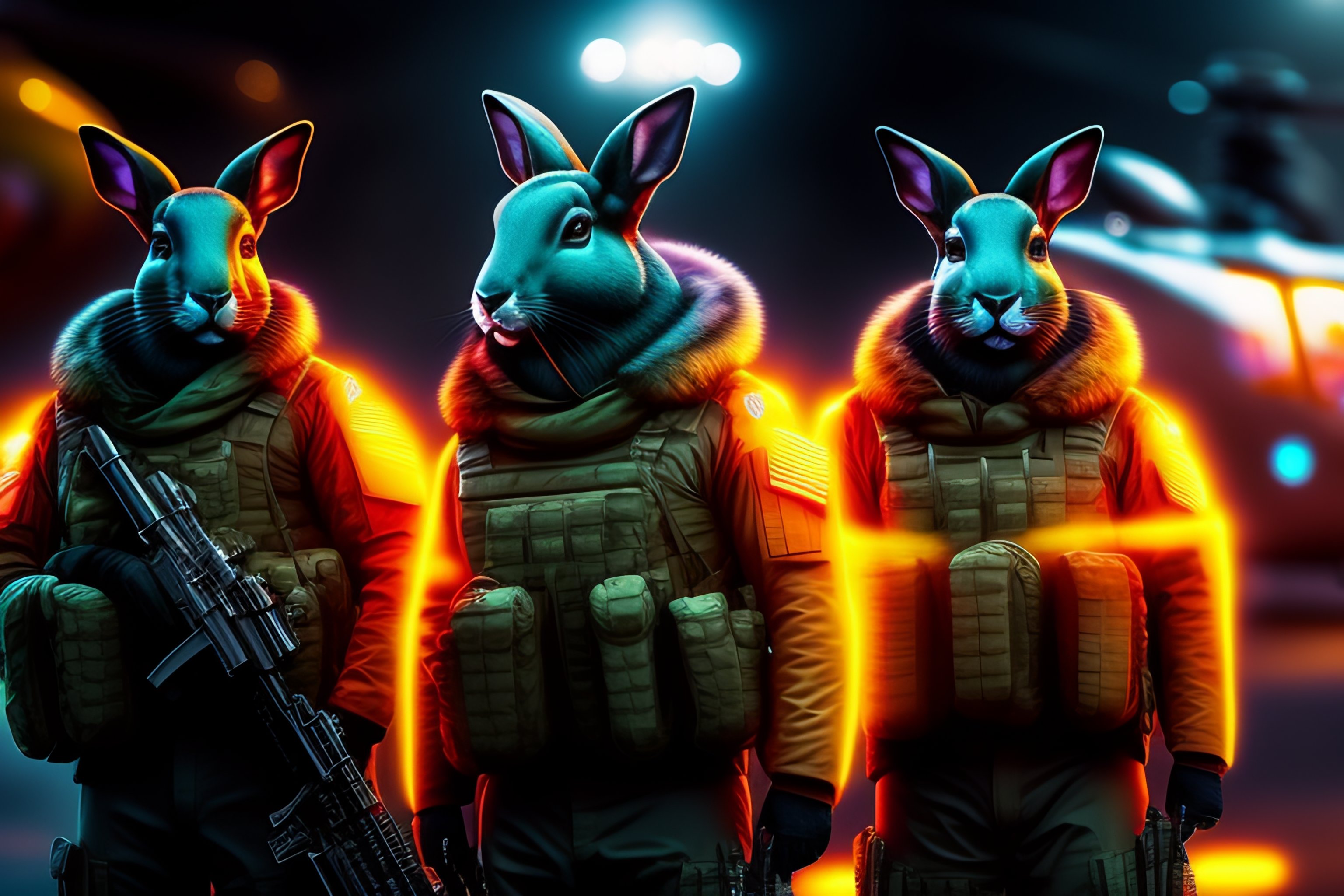Lexica - Five neon rabbits, of special forces, dressed in bulletproof ...