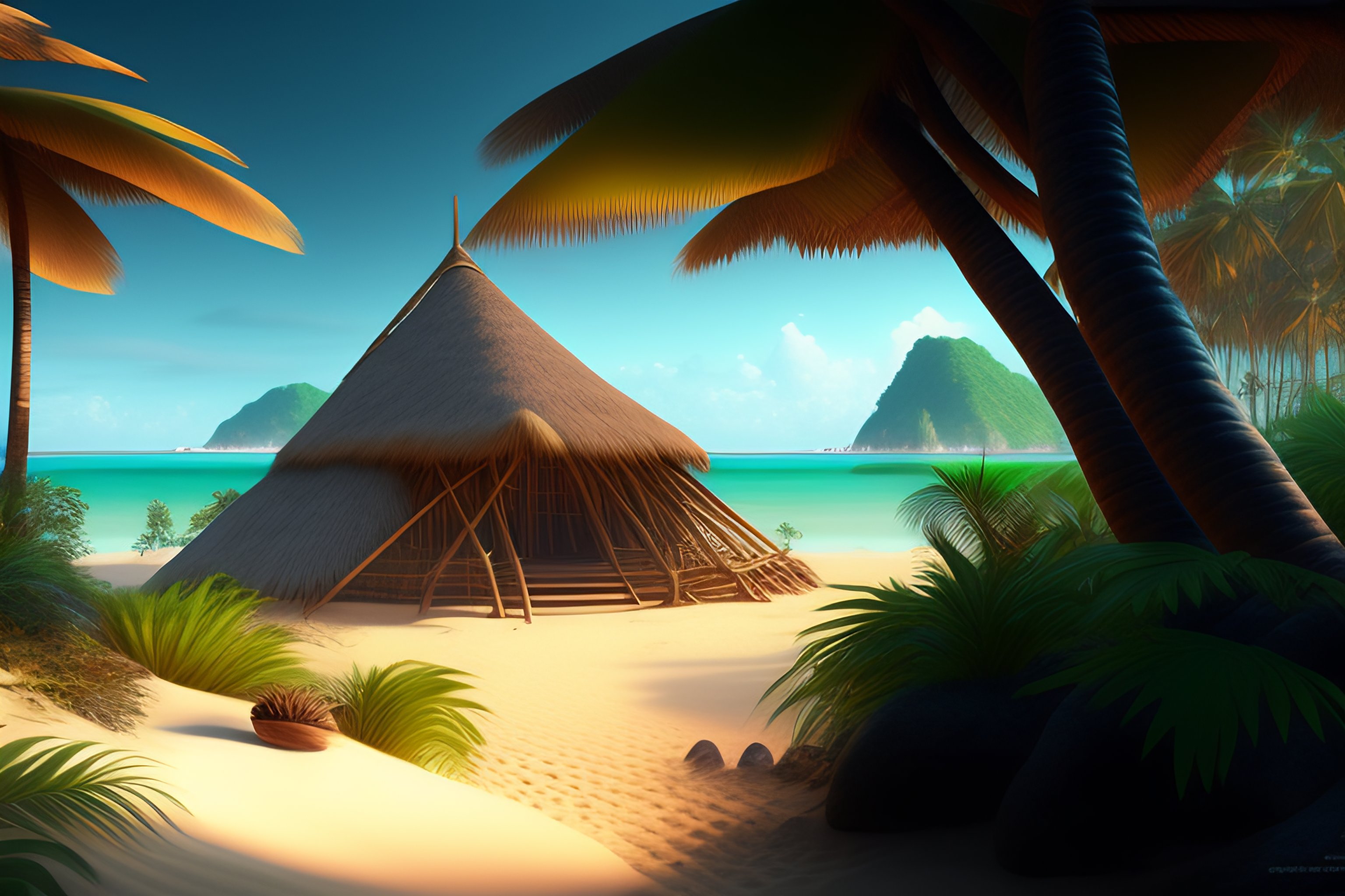 Lexica - Giant elven amerindian hut bamboo on tropical island beach ...