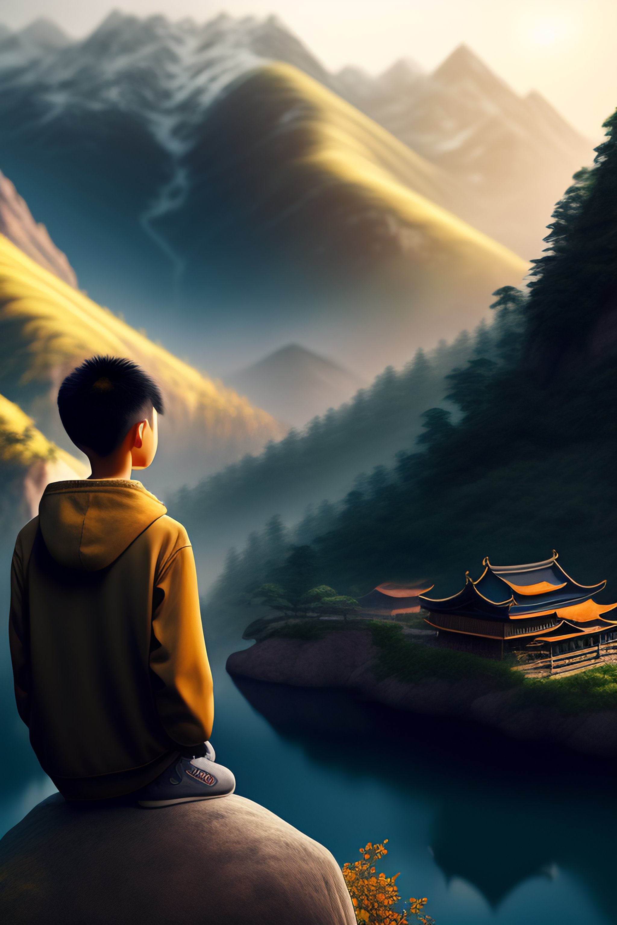 Lexica - Portrait of a young zen boy talking to his teacher in a ...