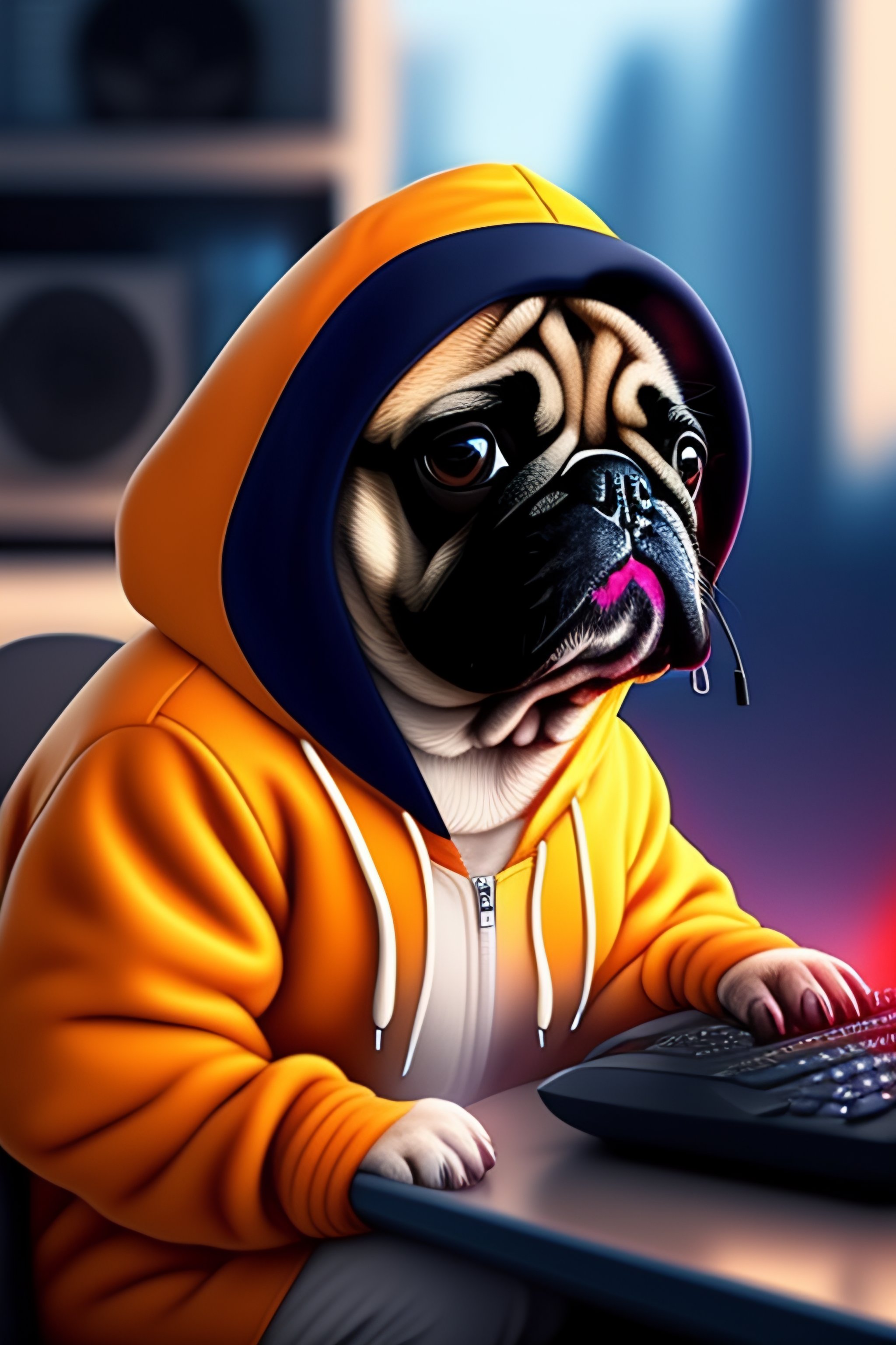 Lexica - A pug gamer in a hoodie, sitting by a gaming computer. Playing ...