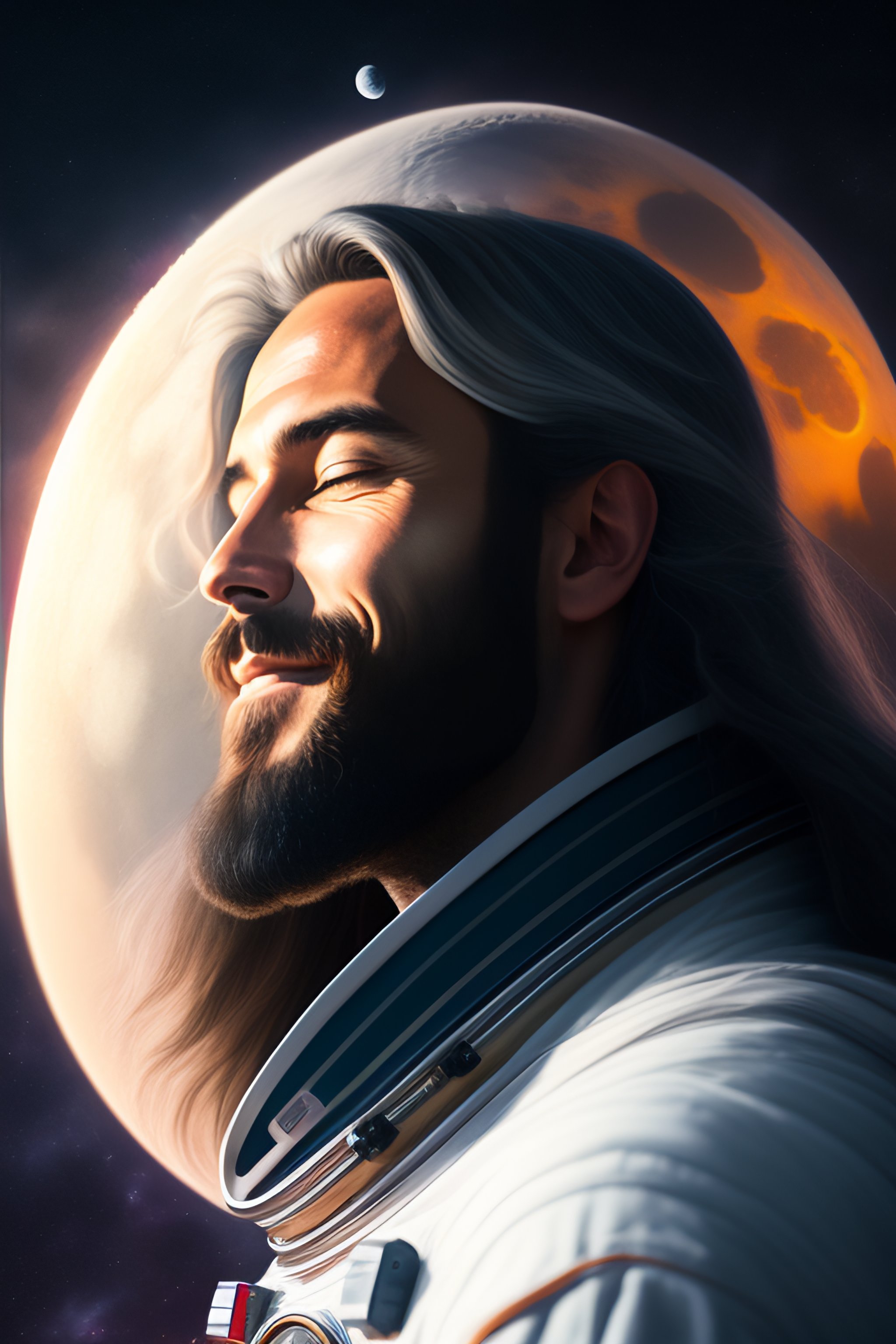Lexica - Portrait of a smiling male gray long hair and beard astronaut ...