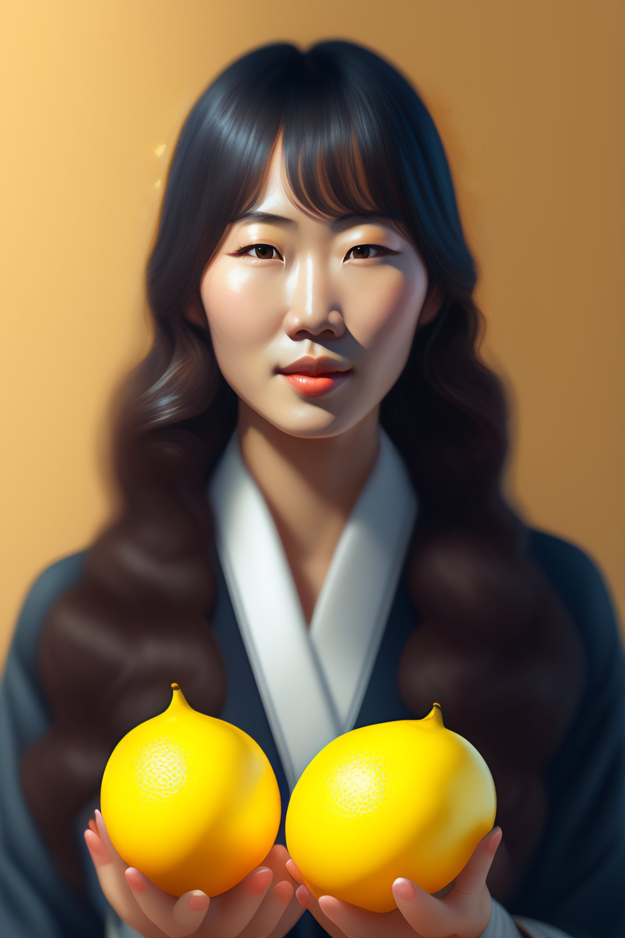 Lexica - Japanese woman holding a small lemon, lemons everywhere, highly detailed, digital ...