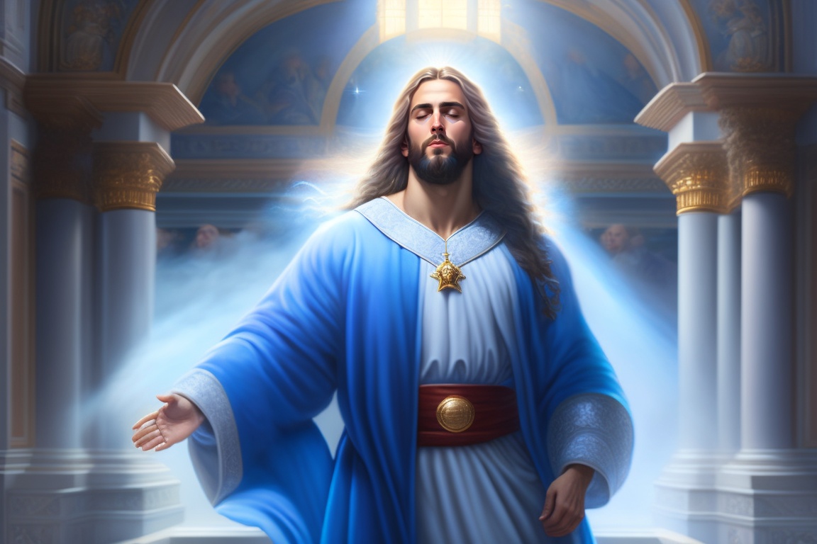 Lexica - Hyperrealistic painting of Jesus in a blue robe, with rays of ...