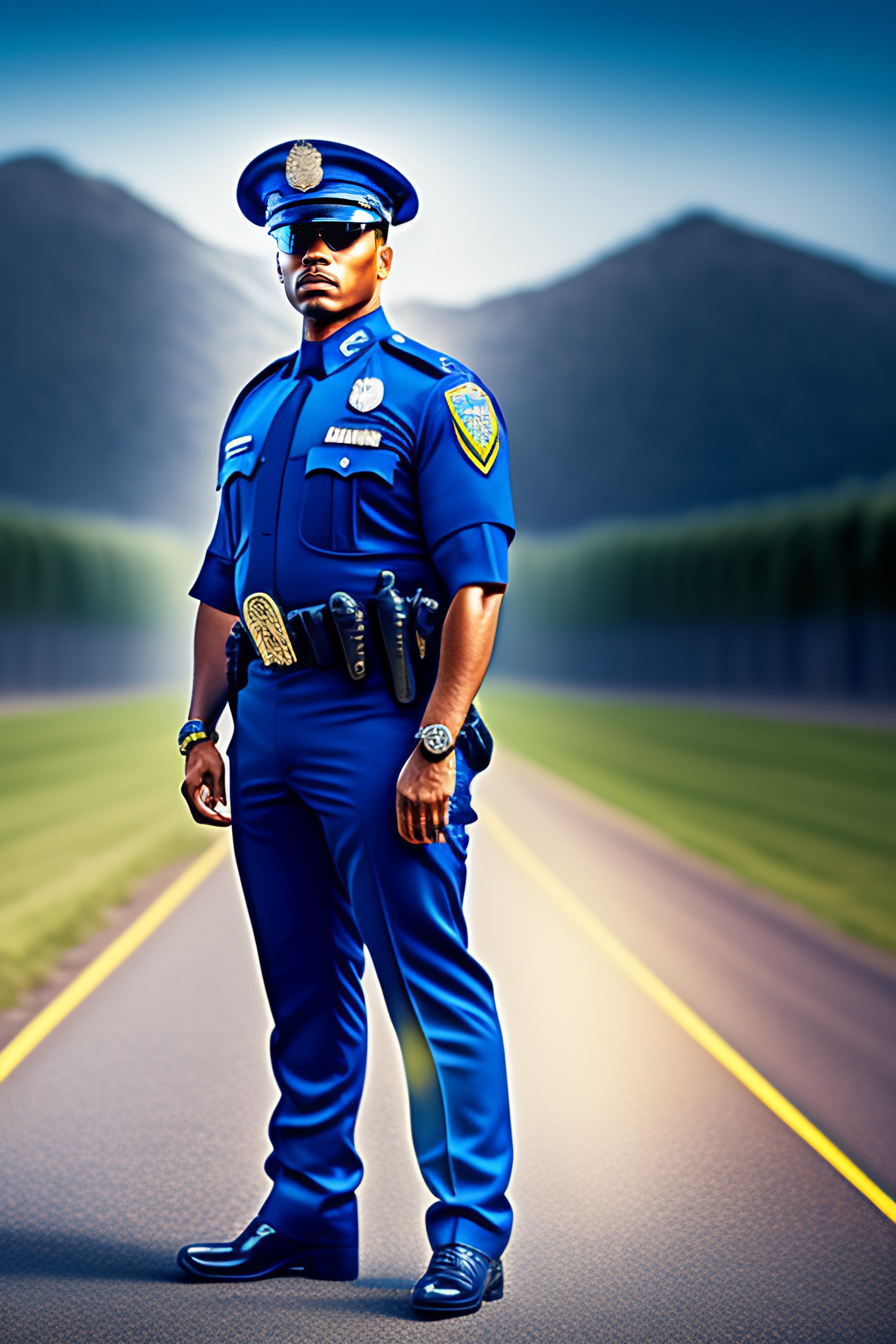 Lexica - Policeman, with sunglasses, full body, looking ahead, blue ...