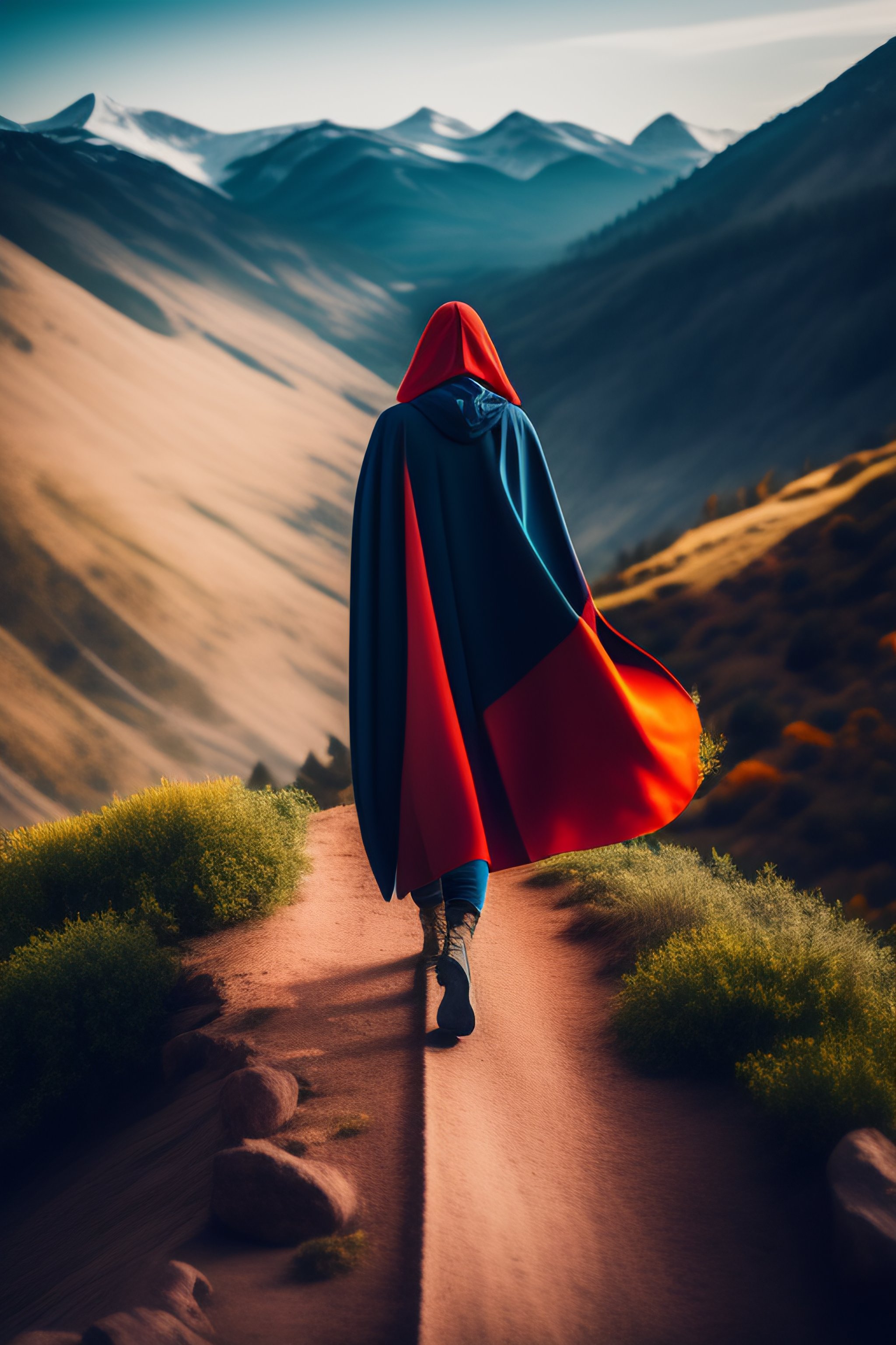 Lexica - Photo from the back of a superwoman wearing a cape walking on ...