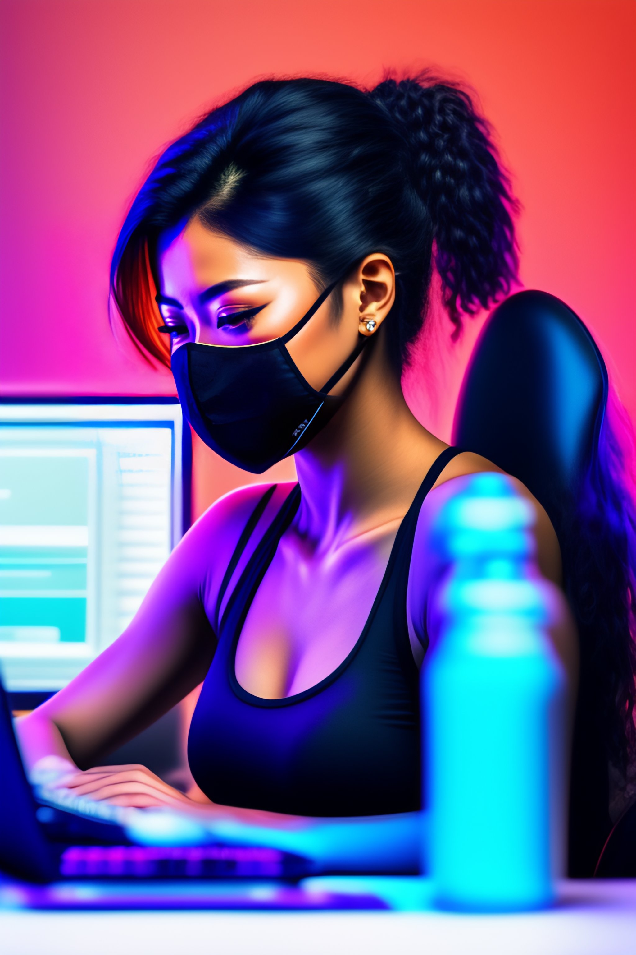 Lexica - Generate an image of a female hacker in a tanktop and mask at ...