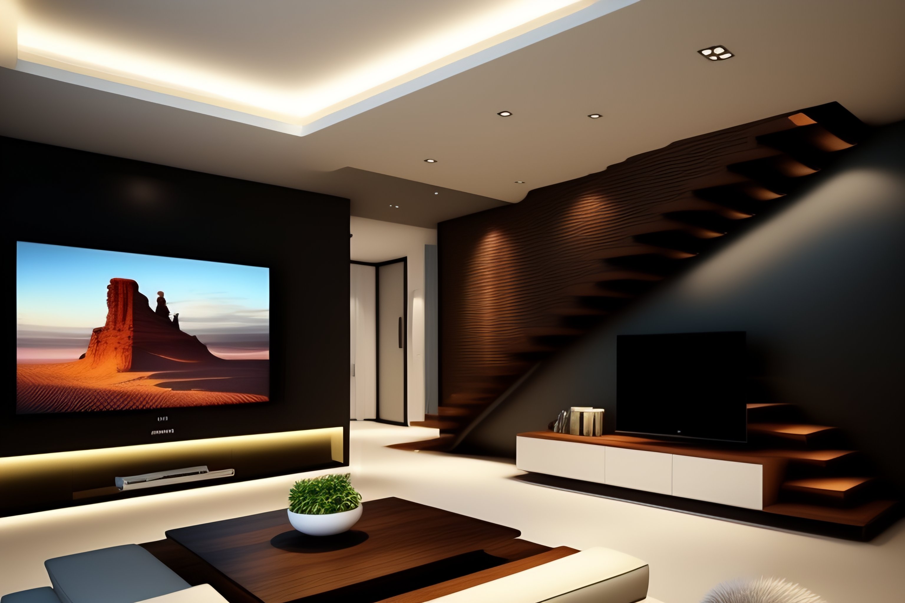 Lexica - Design me a shelf wall with integrated TV infront of staircase