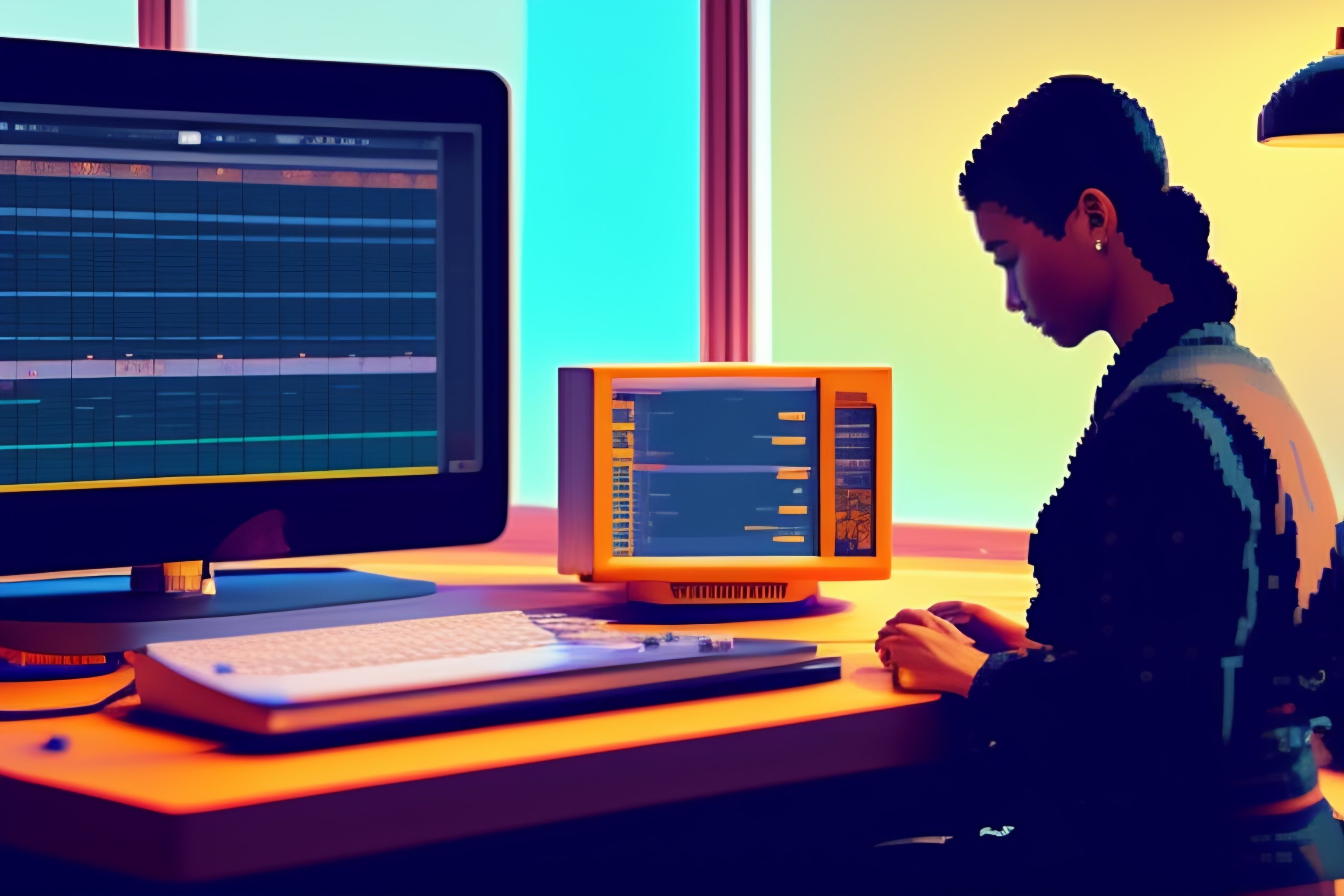 Lexica - A lo-fi pixel art of AI bot designing