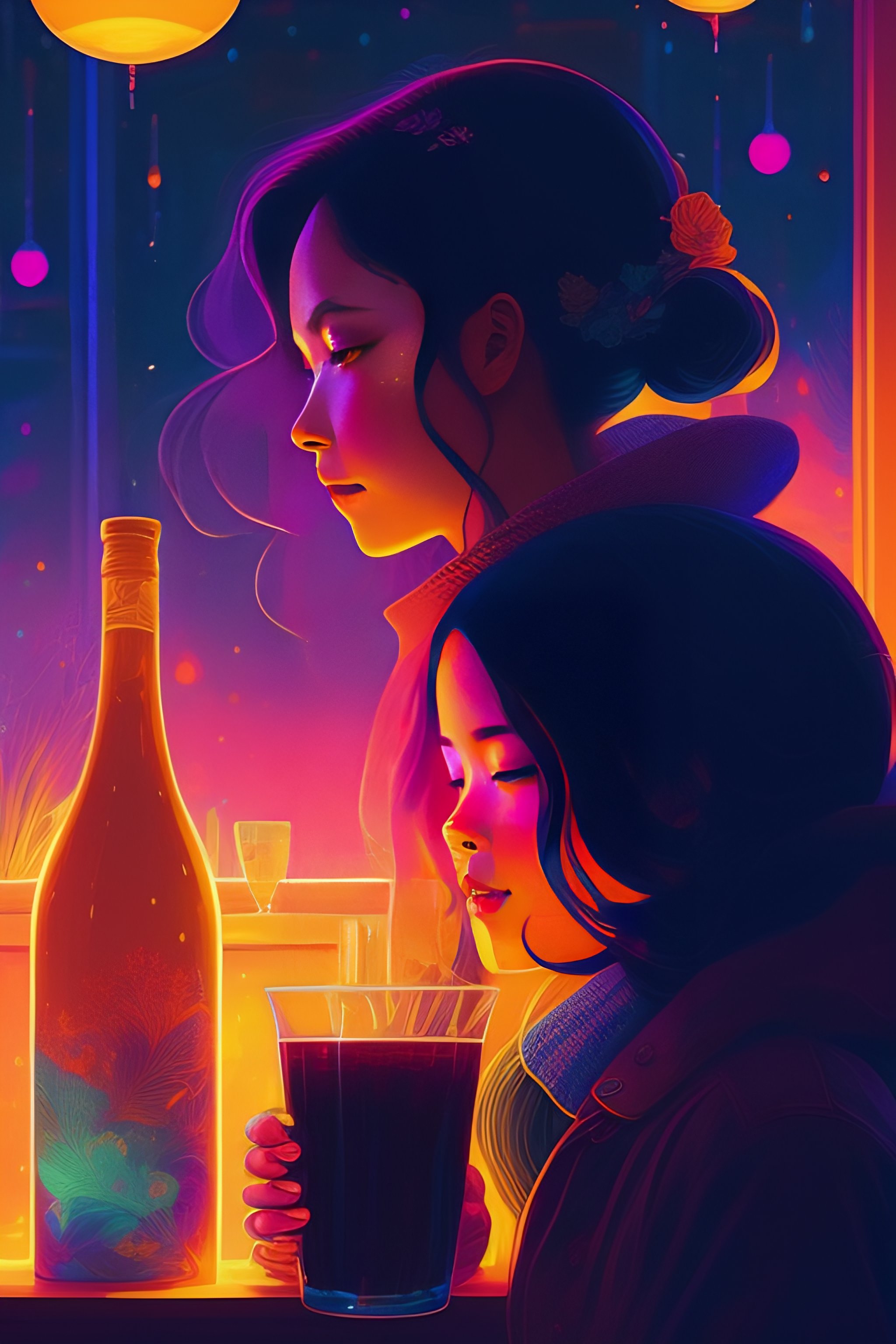 Lexica - Two beautiful young girls at a bar holding hands, epic scene ...