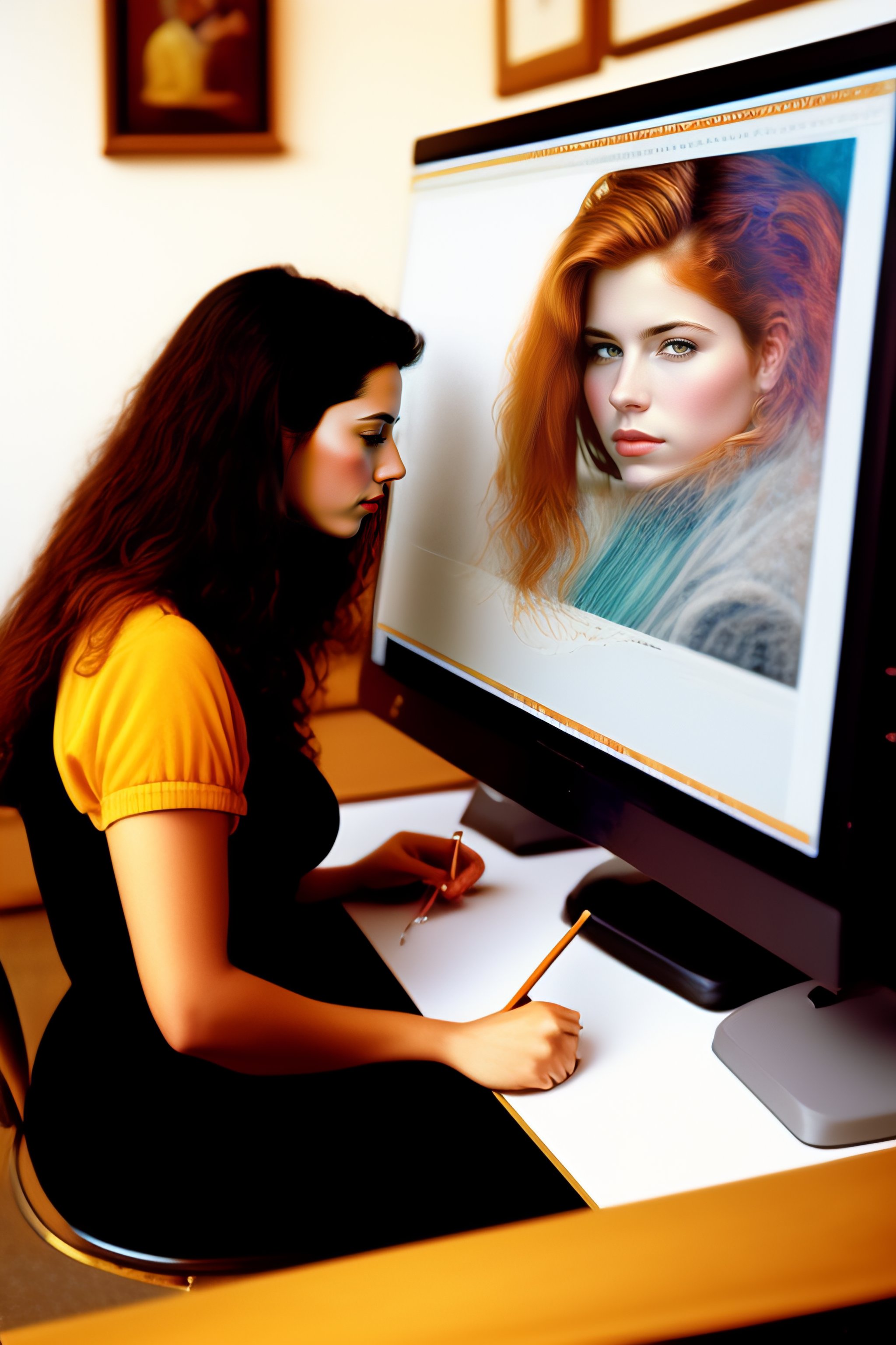 Lexica - Female graphics designer, in front of a computer, drawing using pen, vitage style ,90's