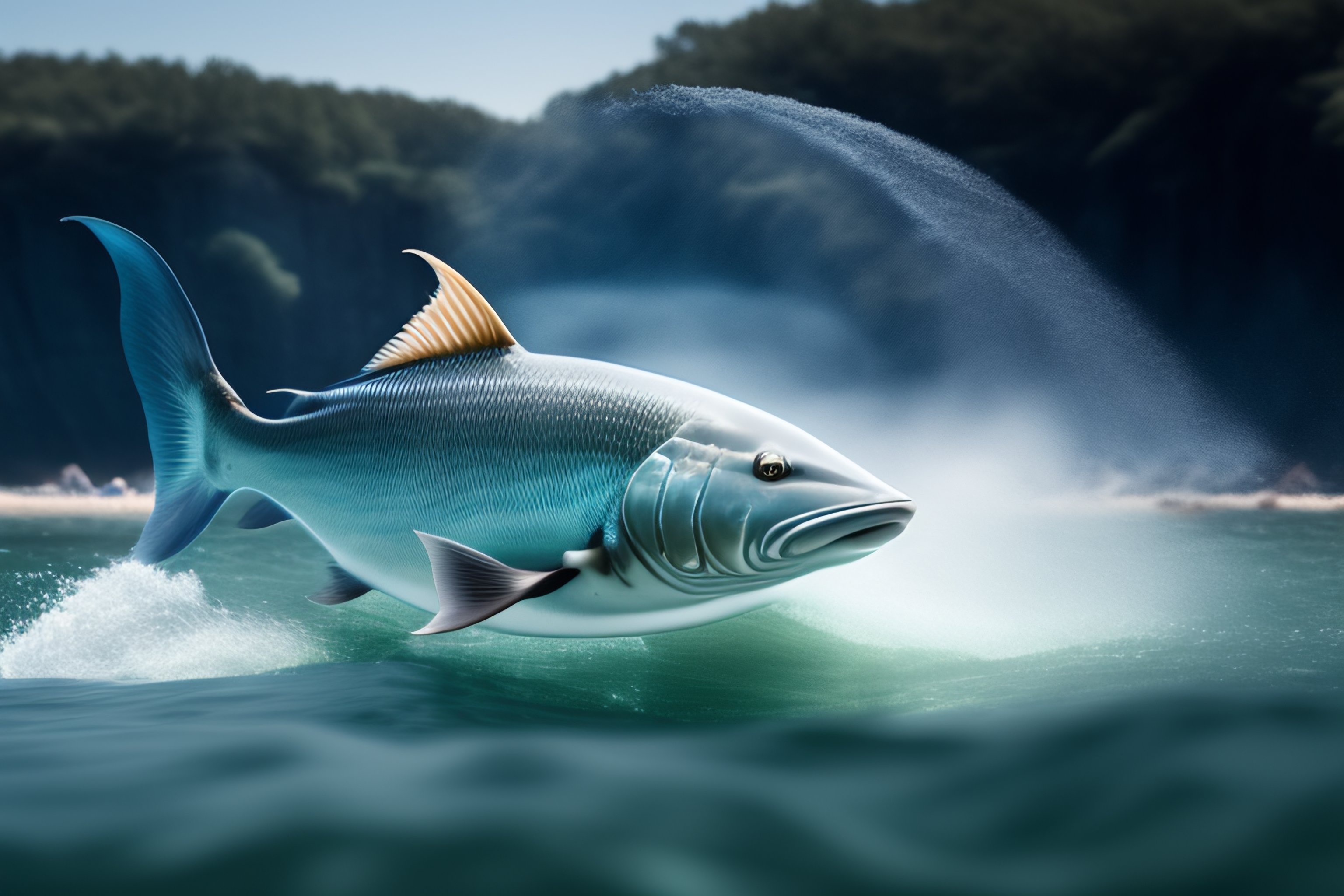 Lexica - A gray cat caught a big strong fish in the sea and is pulling ...